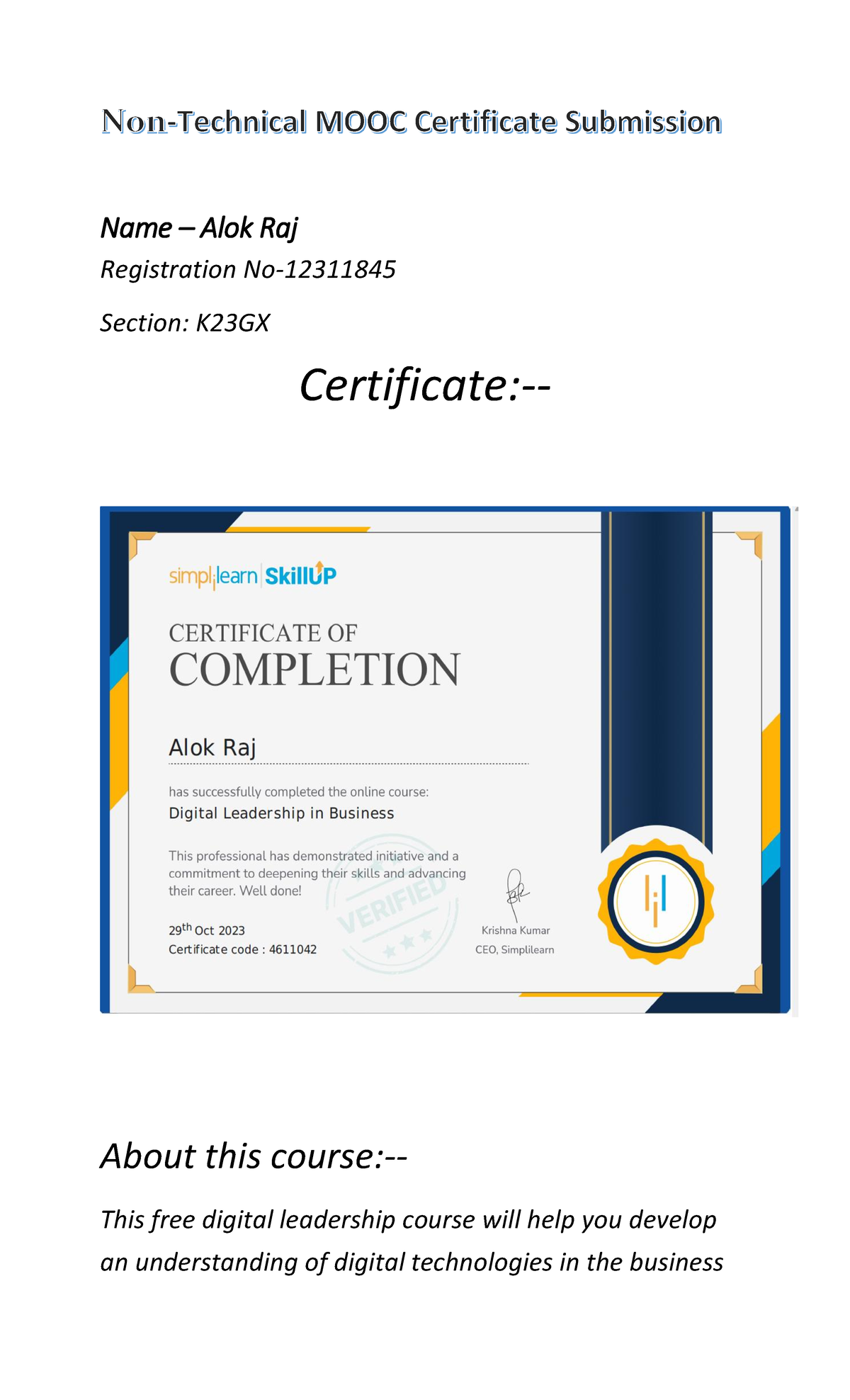 RK23GXB43 Certification - Non Technical MOOC CSE111 Alok Raj mooc ...