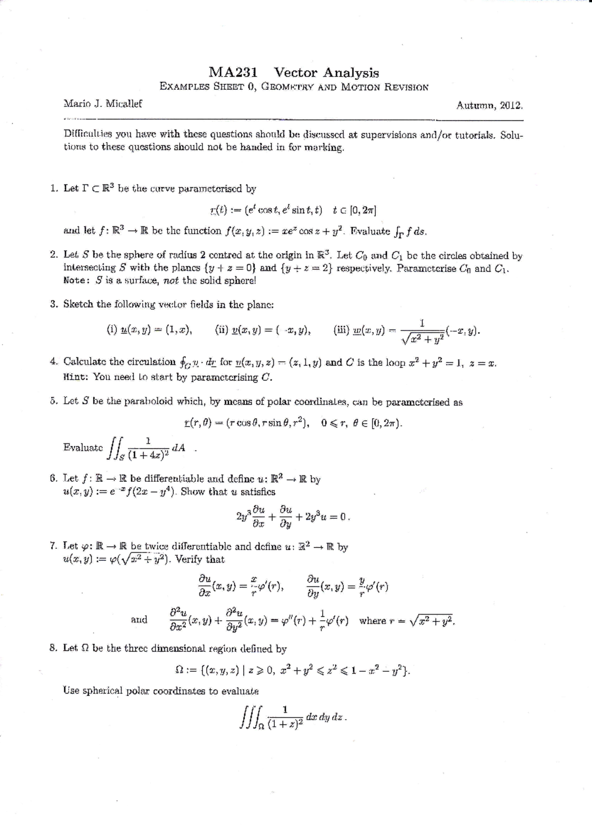 Exercise Sheet 0 - Questions - MA231 Vector Analysis Exel{pt ss Supnr 0, GporrlrrRy AND Morrolr ...