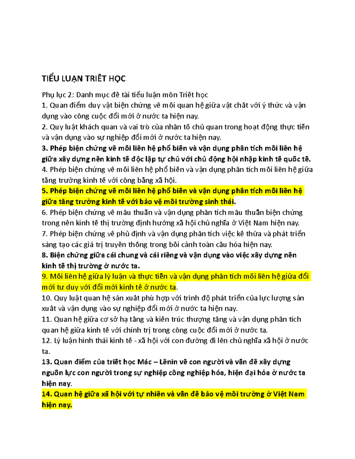 CÁC CHỦ ĐỀ TIỂU LUẬN TRIẾT HỌC - TI U LU N TRIẾẾT H CỂ Ậ Ọ Ph l c 2: Danh m c đềề tài t u lu n ...