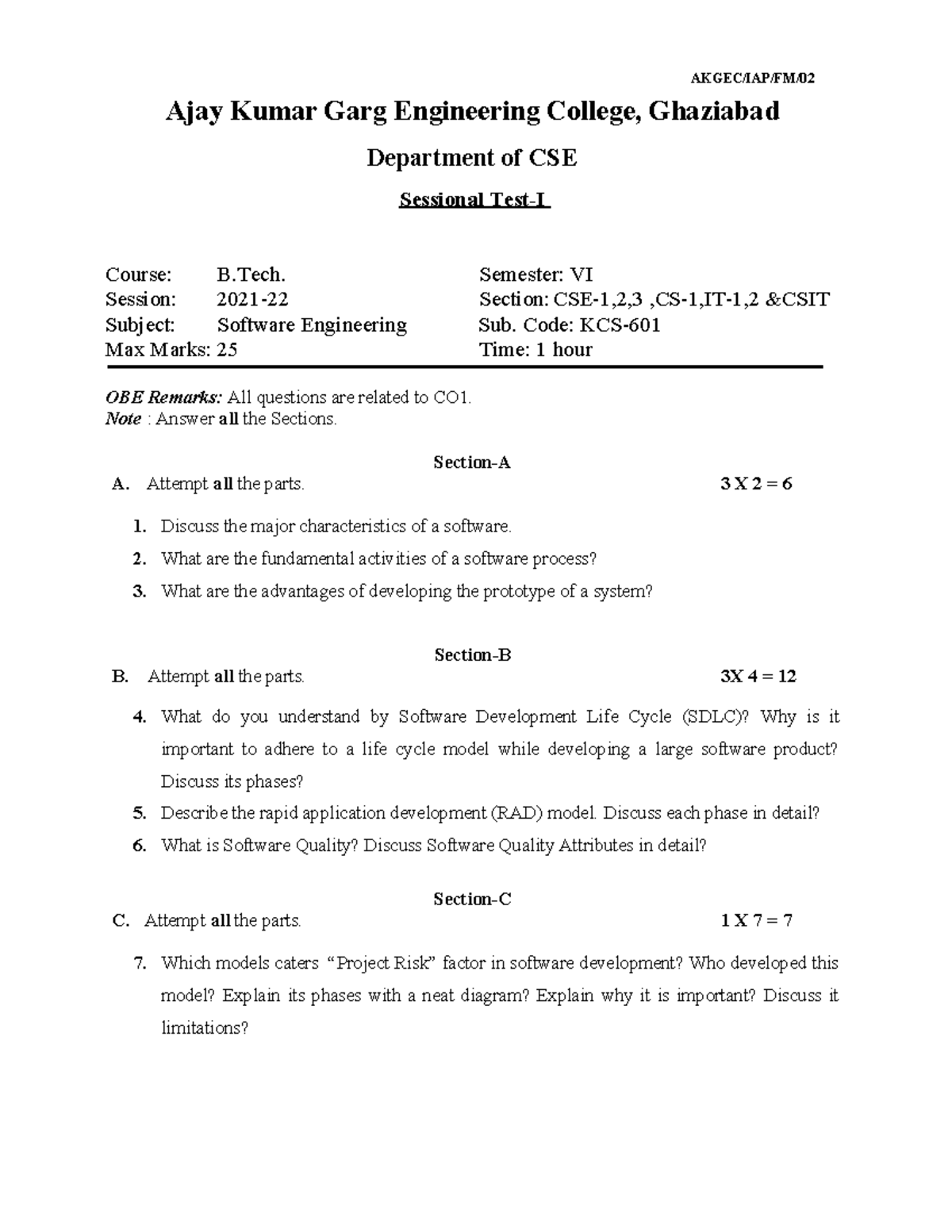 Software Engineering KCS-601 ST-1 QP Even 21-22 - AKGEC/IAP/FM/ Ajay ...