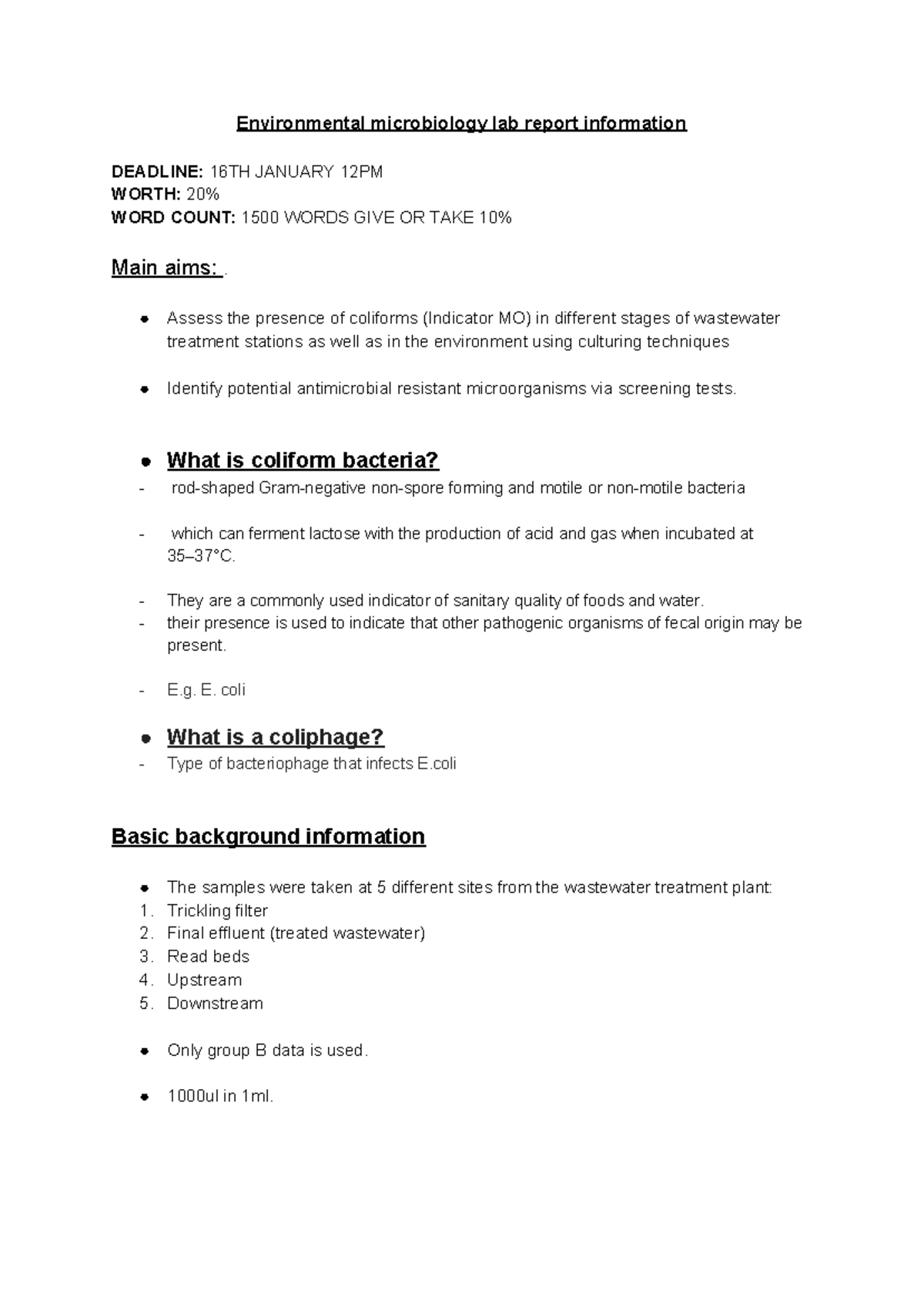 Environmental microbiology lab report information - Assess the presence ...