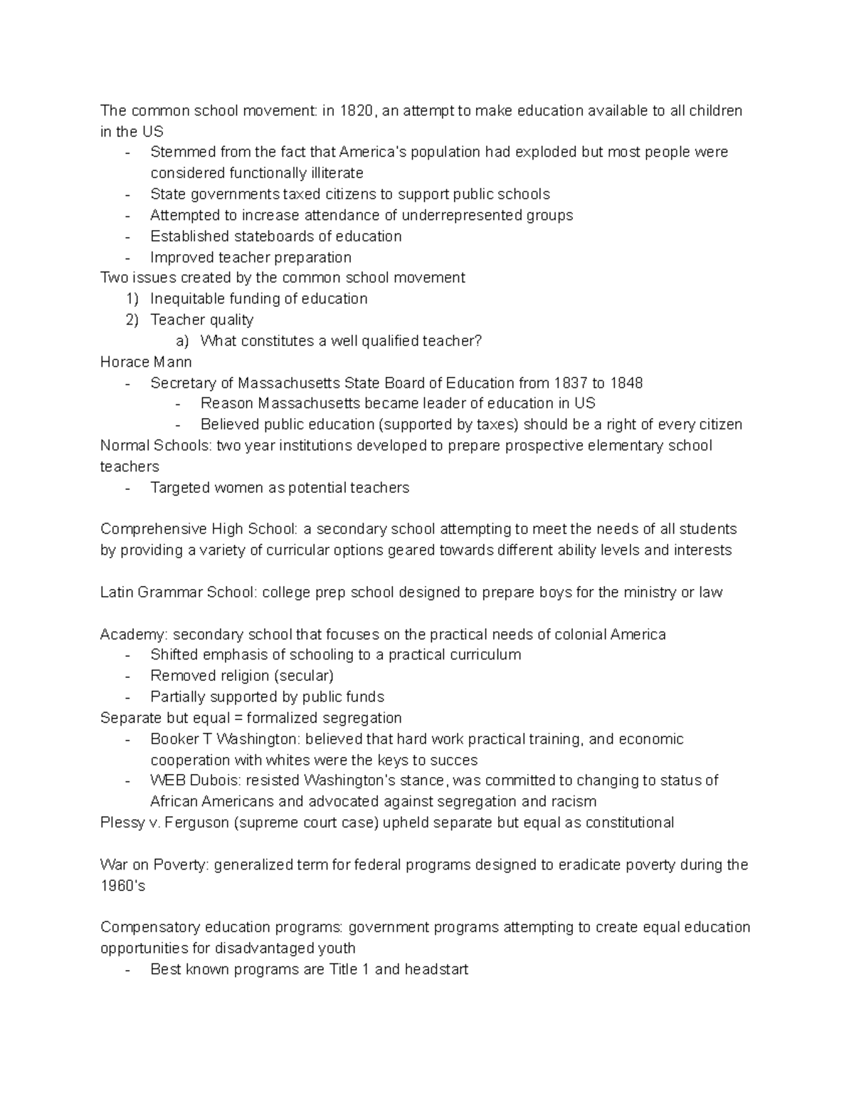 Education class notes - The common school movement: in 1820, an attempt ...