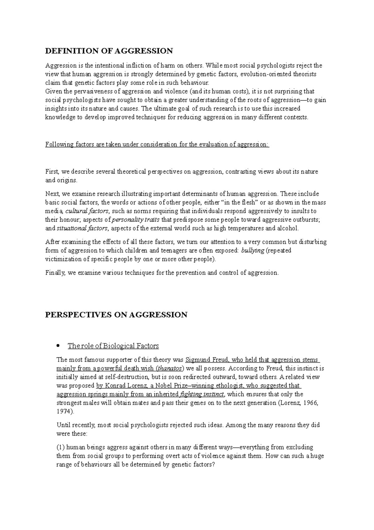 Aggression; perspectives, causes - DEFINITION OF AGGRESSION Aggression ...