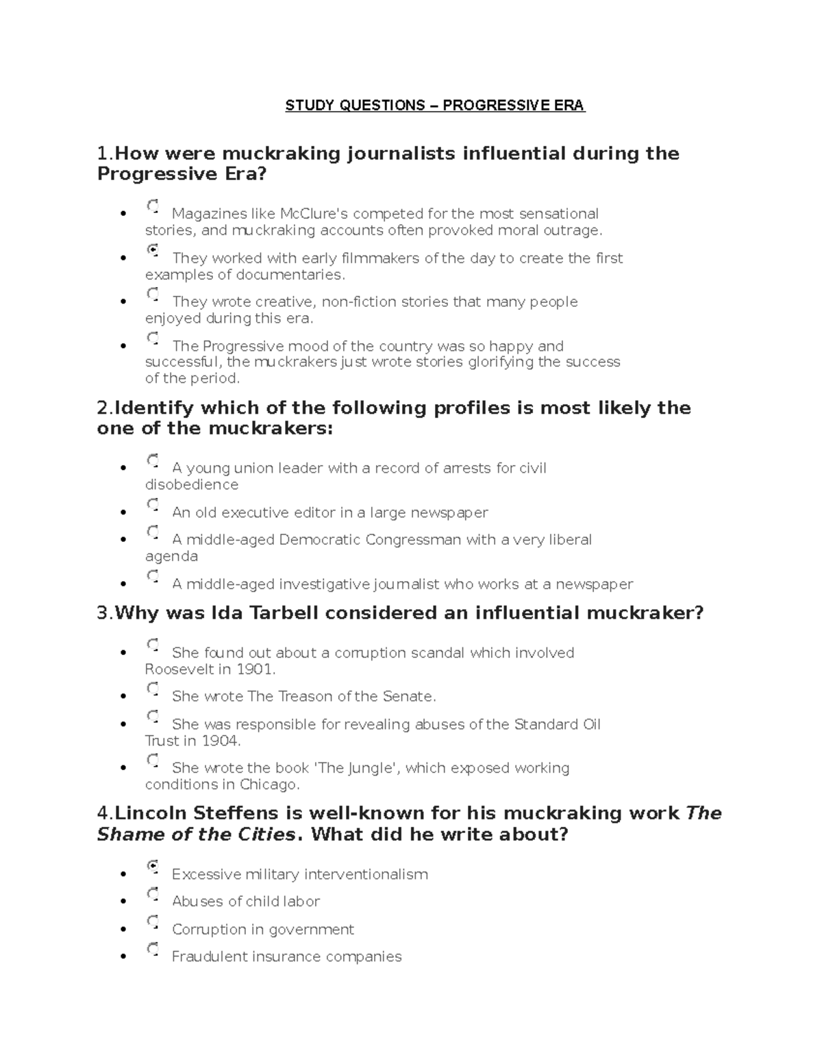 Progressive Era Review - STUDY QUESTIONS – PROGRESSIVE ERA 1 were ...