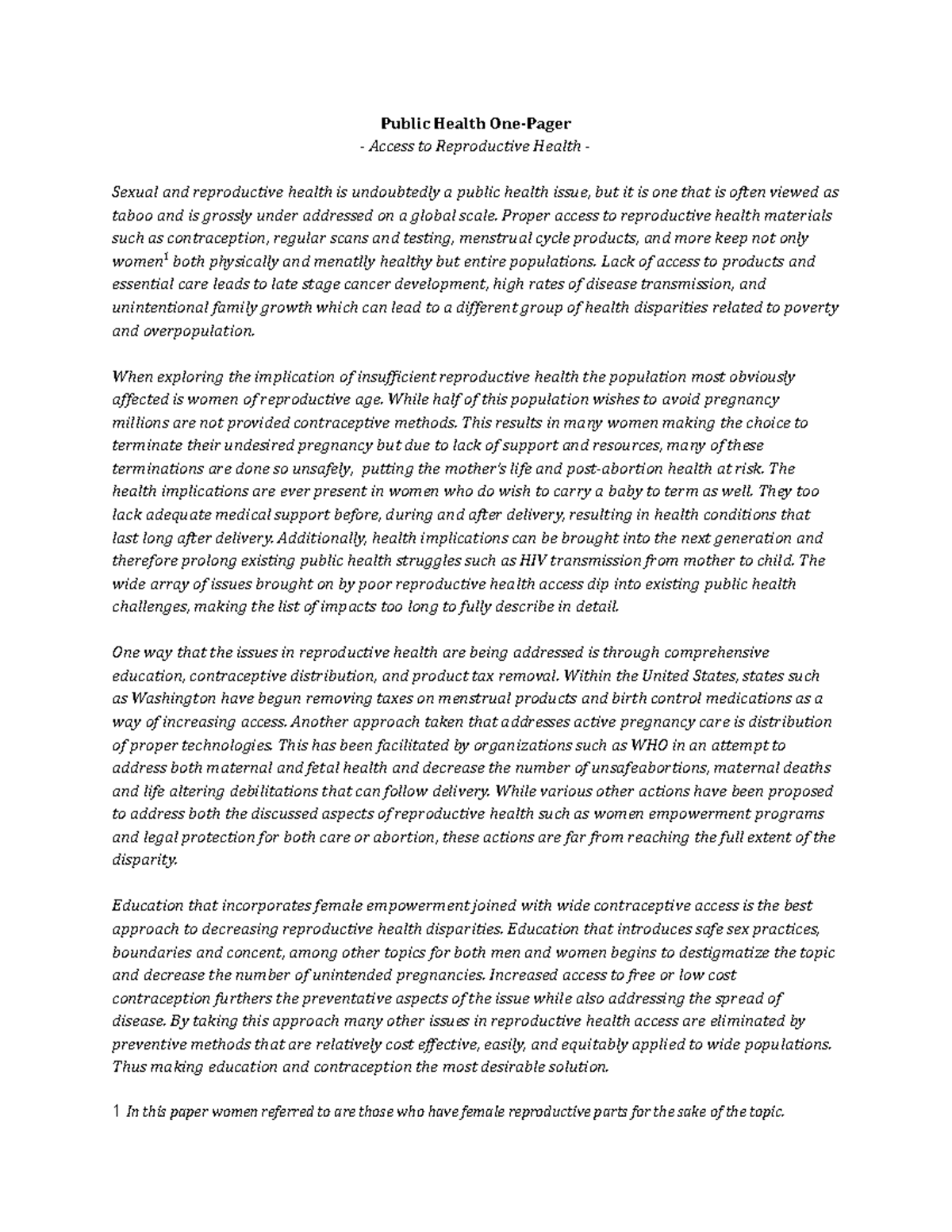 Public Health Topic One Pager - Public Health One-Pager Access to ...