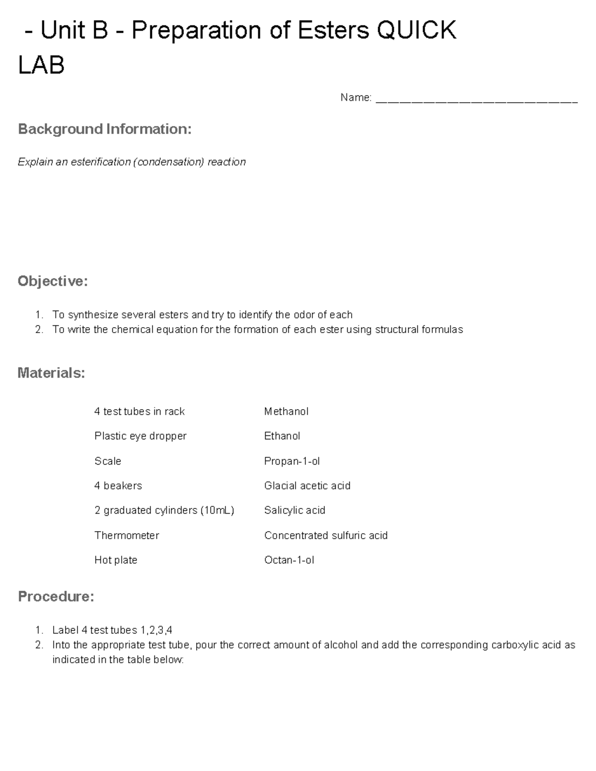 Preparation of Esters Quick LAB - Unit B - Preparation of Esters QUICK ...