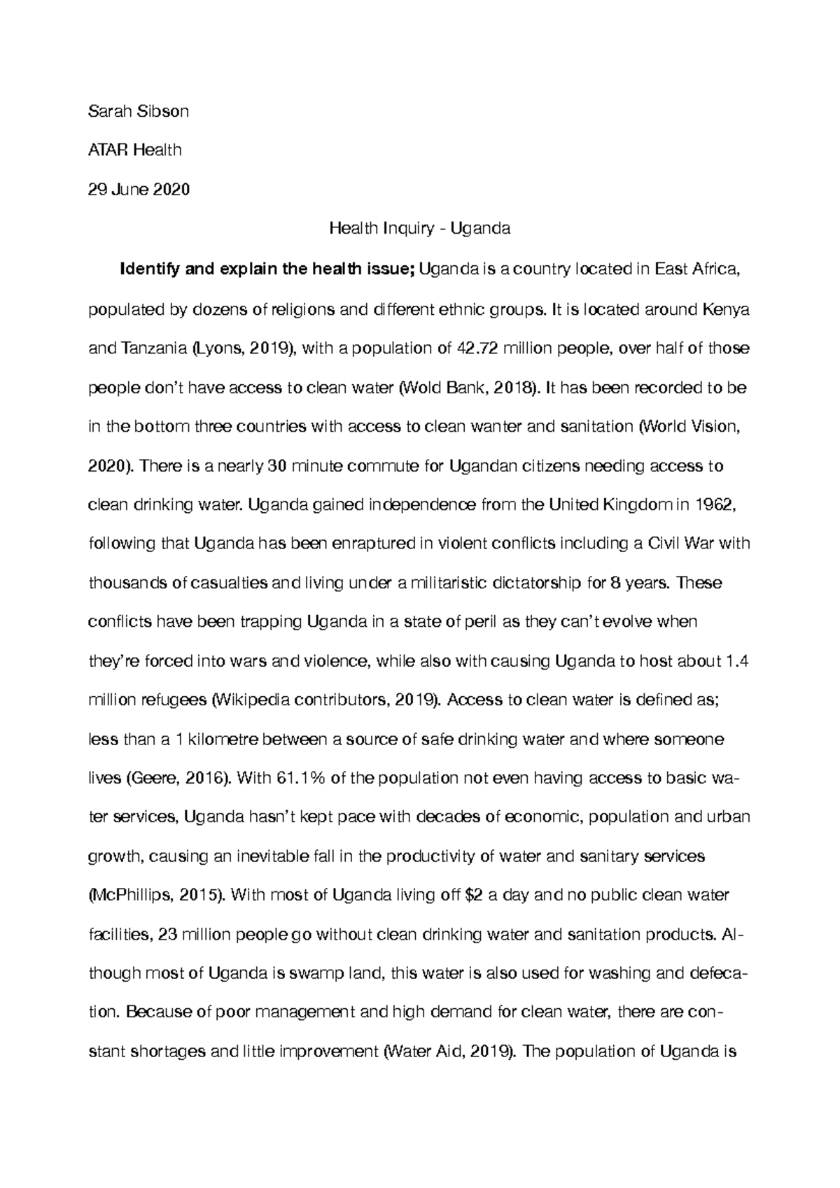 Health investigation - Uganda - Sarah Sibson ATAR Health 29 June 2020 ...