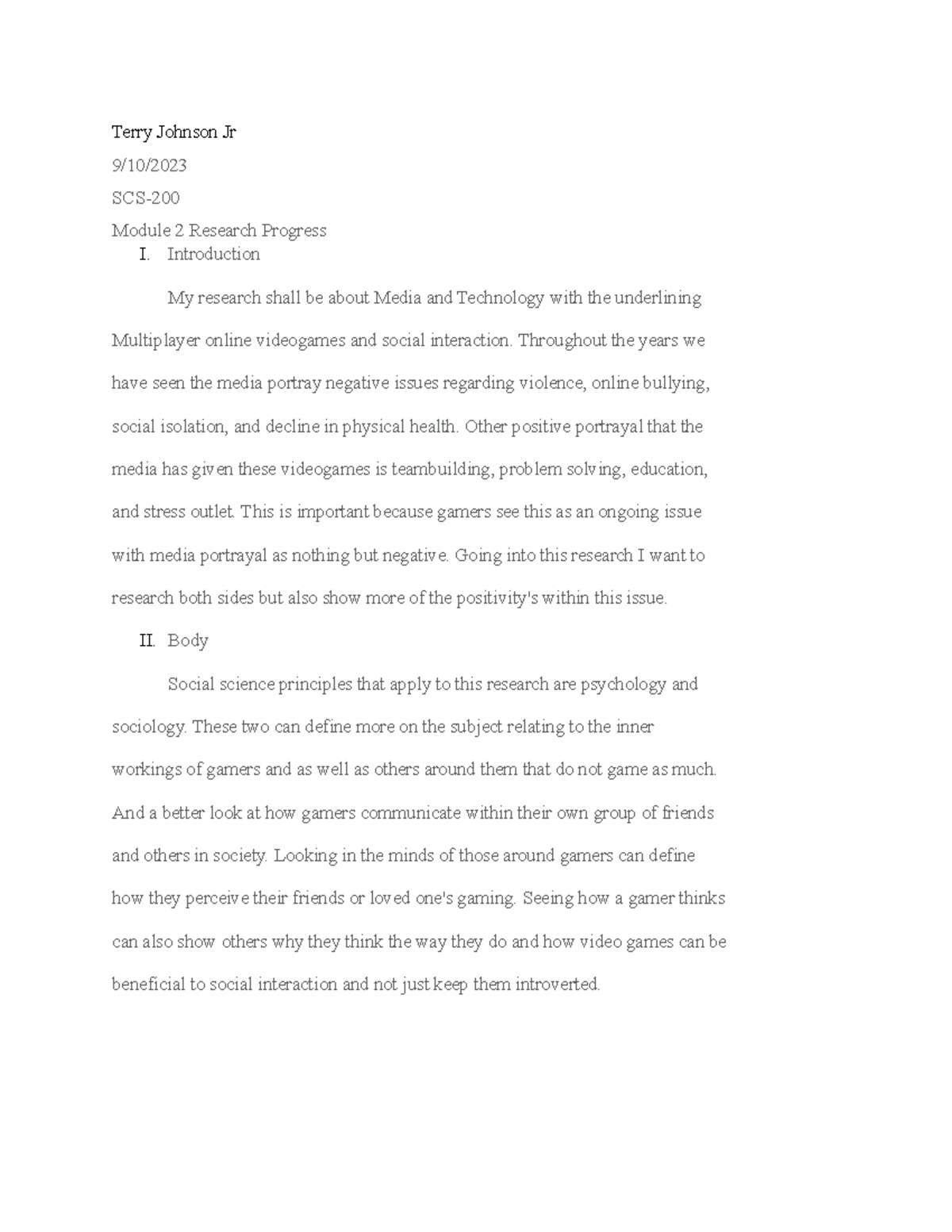 SCS200 Module 2 Research Progress 1 Terry Johnson - Terry Johnson Jr 9 ...