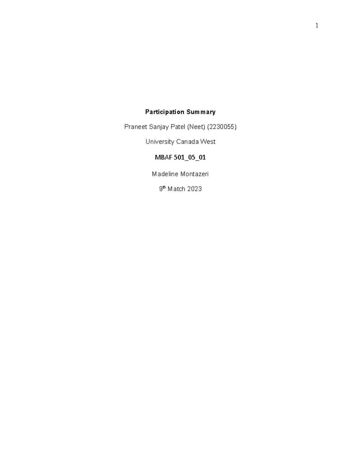 Participation Summary - Praneet Sanjay Patel (Neet)-2230055 ...