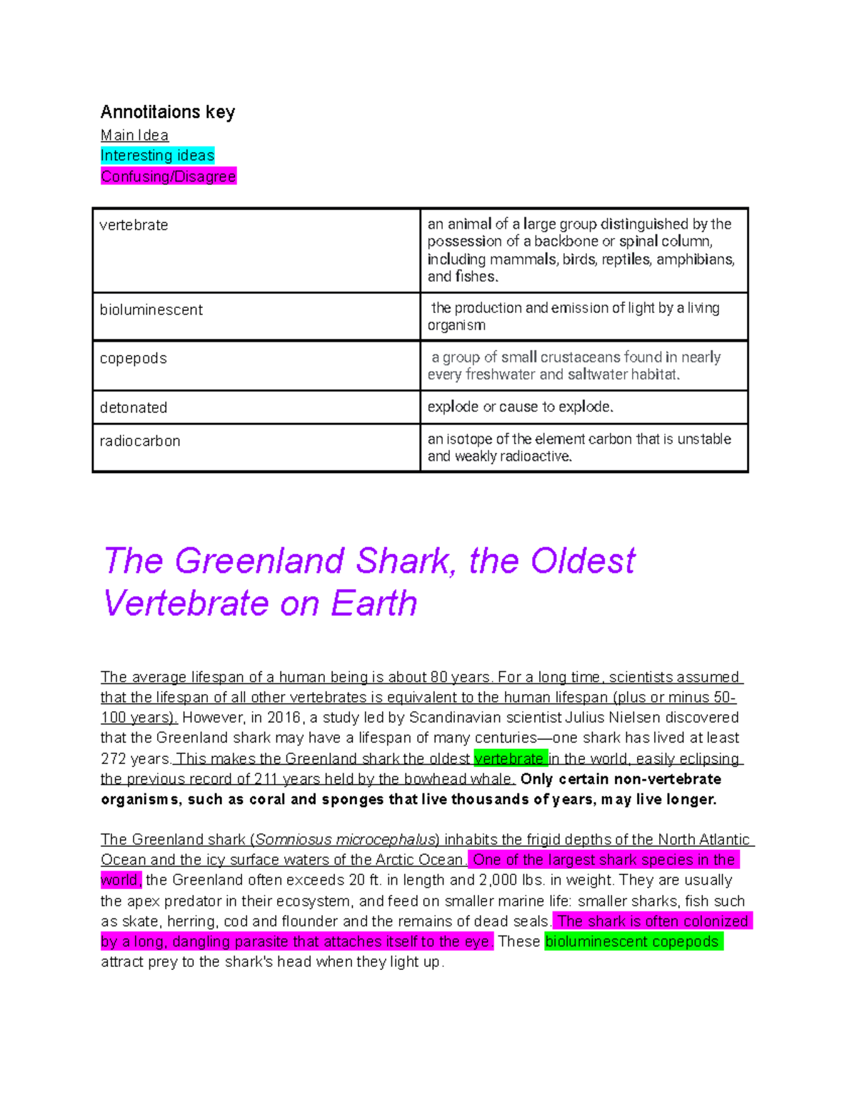 Greenland Shark (HS Reading level) - Annotitaions key Main Idea ...
