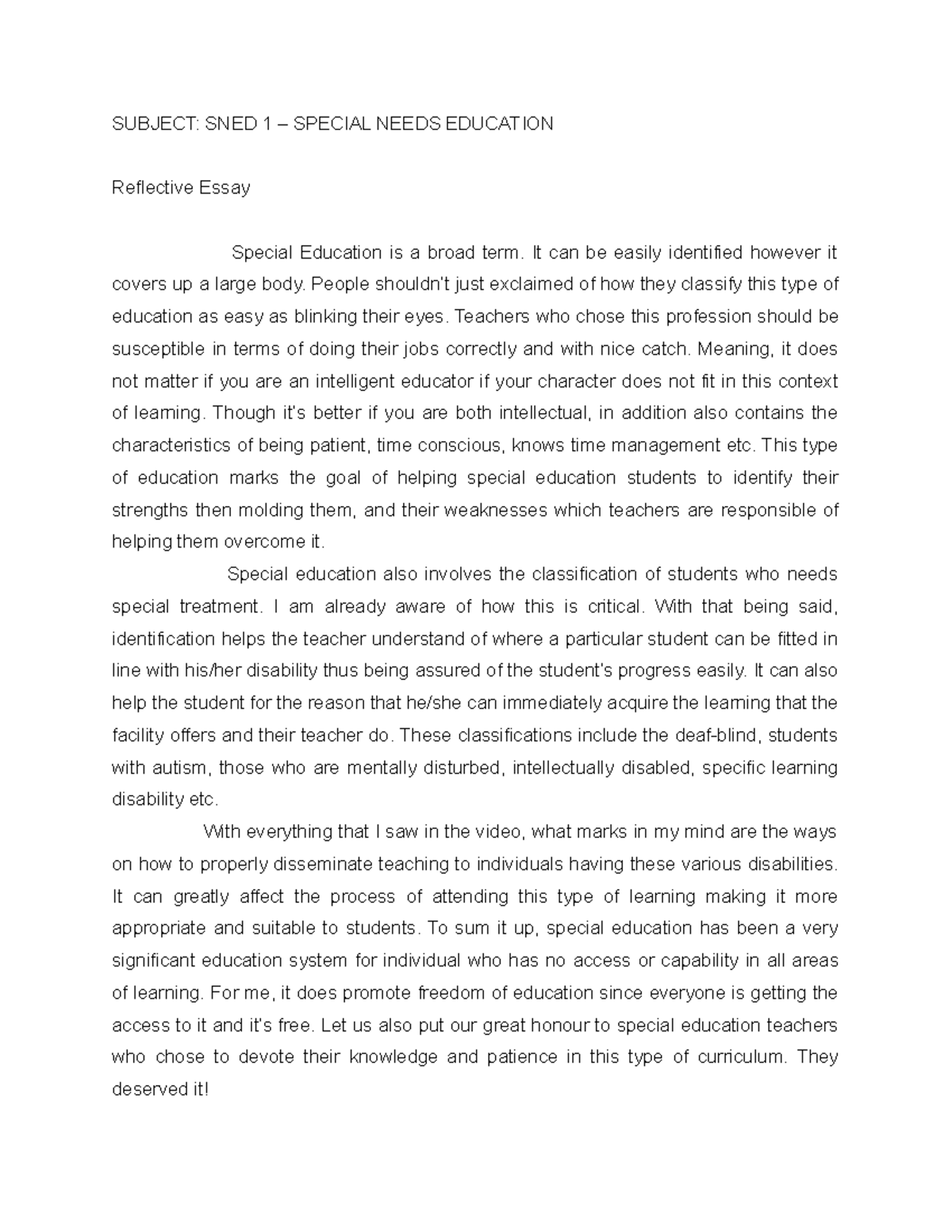 SNED 1 Special Needs Education - SUBJECT: SNED 1 – SPECIAL NEEDS ...