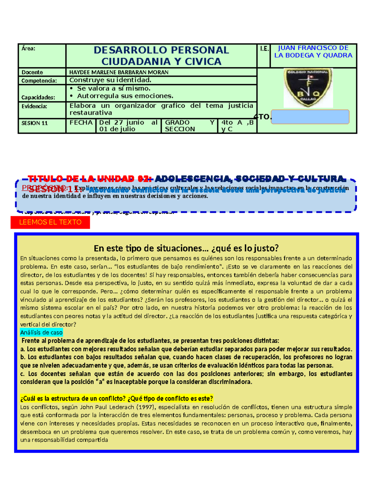 586577533 4TO DPCC Sesion 12 - Área: DESARROLLO PERSONAL CIUDADANIA Y CIVICA I. JUAN FRANCISCO ...