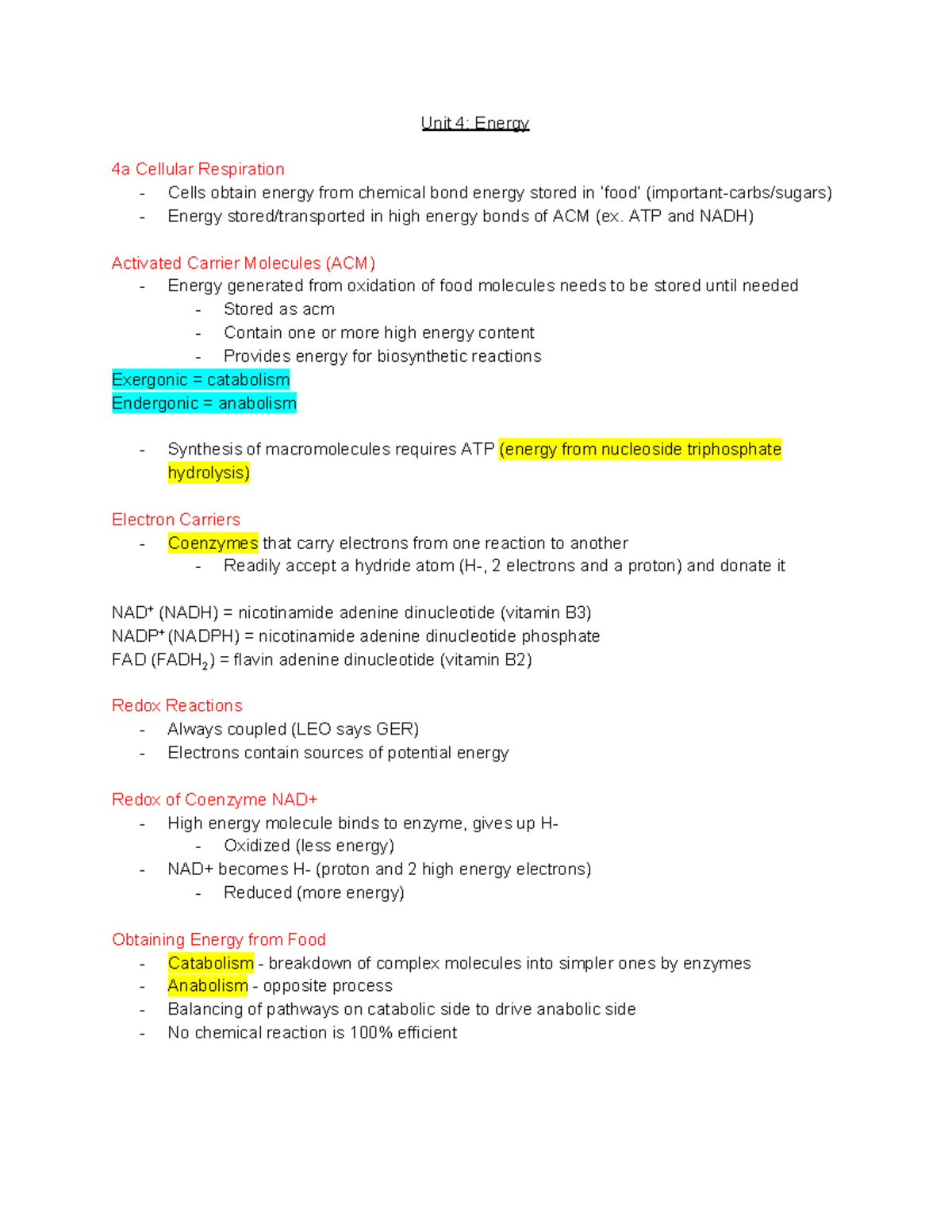 Unit 4 - Energy - Unit 4: Energy 4a Cellular Respiration - Cells obtain ...