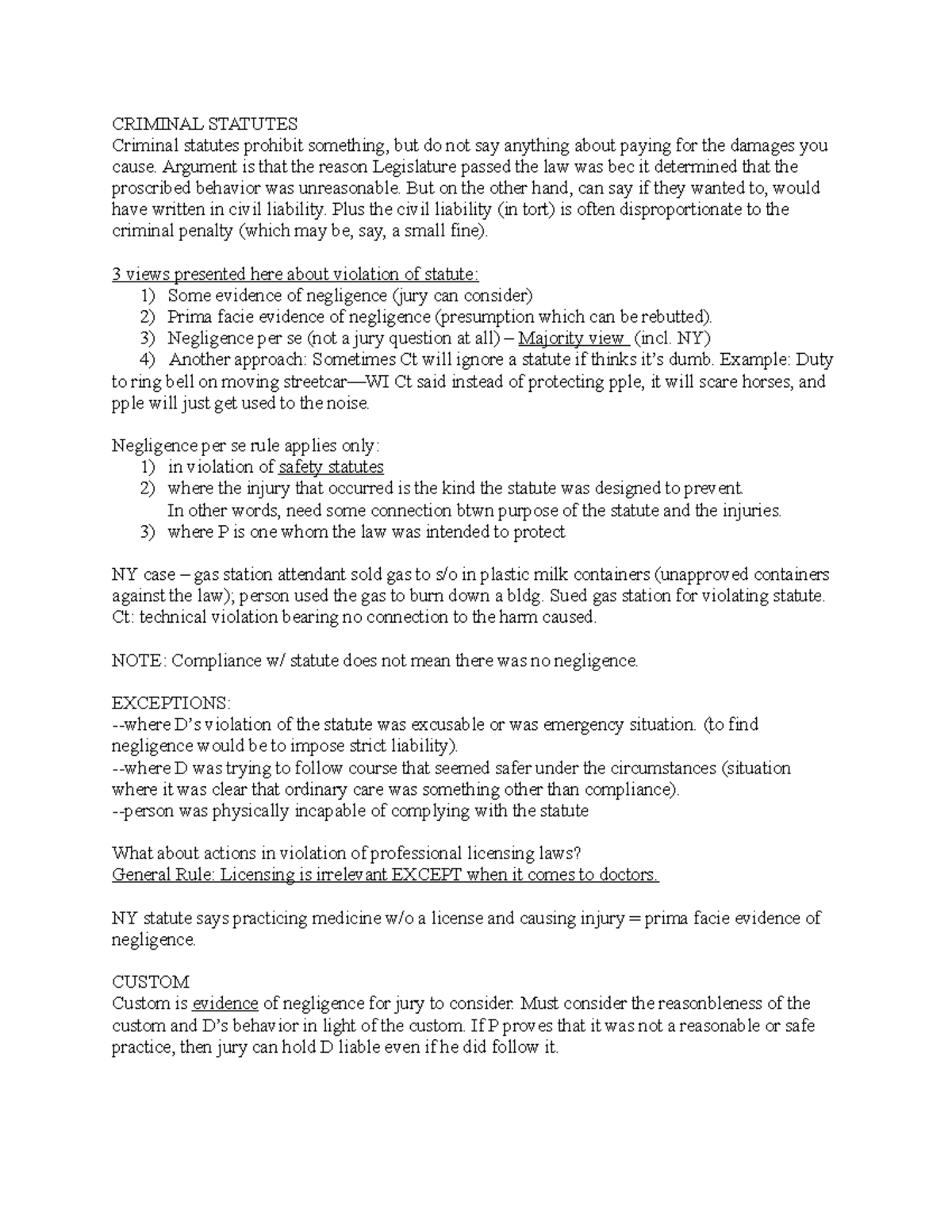 Torts Law Outline - Professor Zuniga - CRIMINAL STATUTES Criminal ...