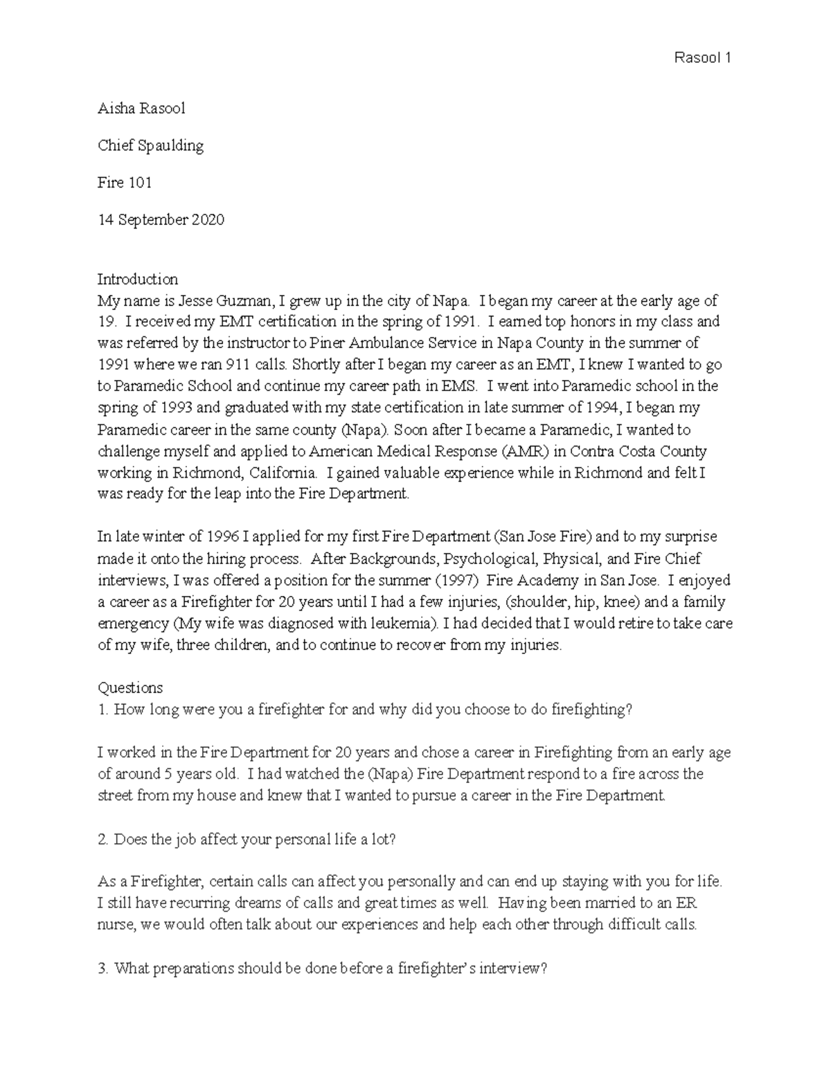 Fire 101 interview assignment - Rasool 1 Aisha Rasool Chief Spaulding ...