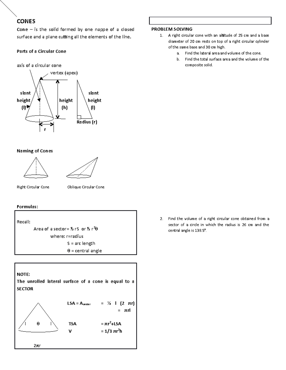 Lecture - Cone - CONES Cone – is the solid formed by one nappe of a ...