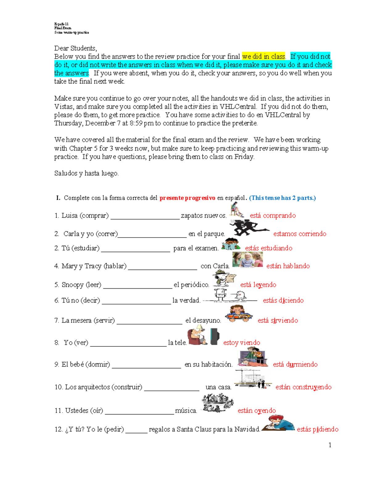 Spanish 1 Warm-up Final Exam Practice F2023 Answers-1 - Final Exam Some ...