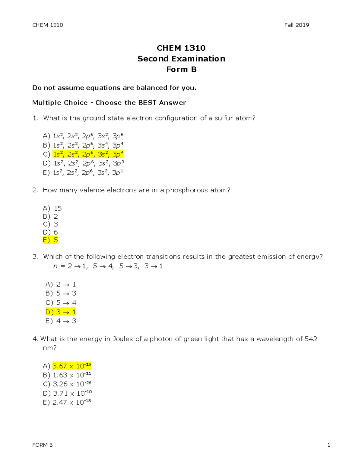 CHEM 1310 Exam 2 Form B KEY - CHEM 1310 Second Examination Form B Do ...