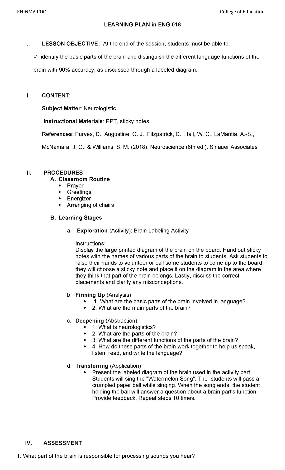 ENG-018 Lesson PLAN - PHINMA COC College of Education LEARNING PLAN in ENG 018 I. LESSON ...