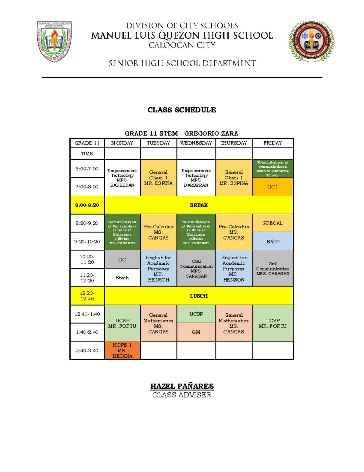 Class- Schedule - HAZEL PAÑARES GRADE 11 STEM – GREGORIO ZARA GRADE 11 ...