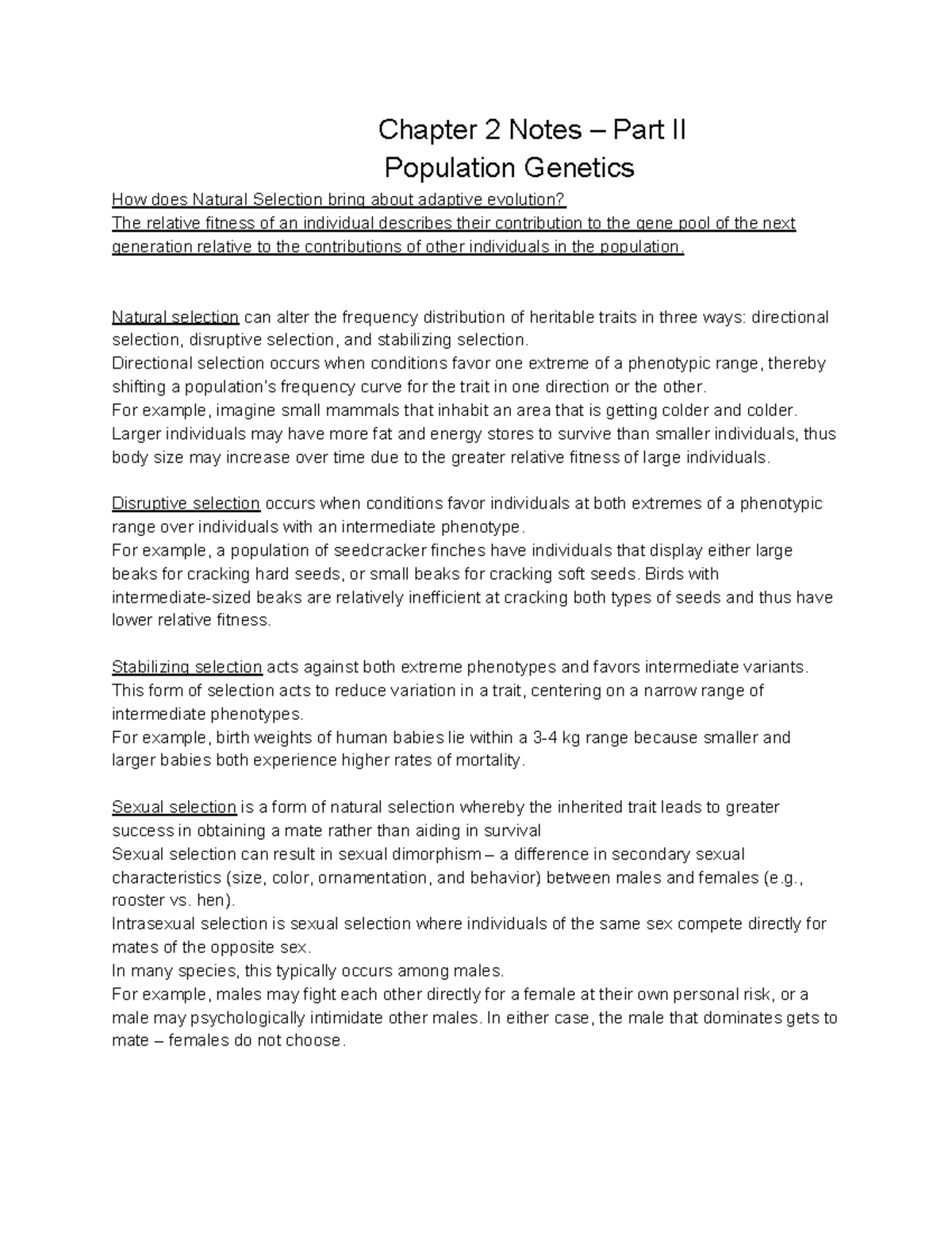 Population Genetics #2 - Chapter 2 Notes – Part II Population Genetics ...