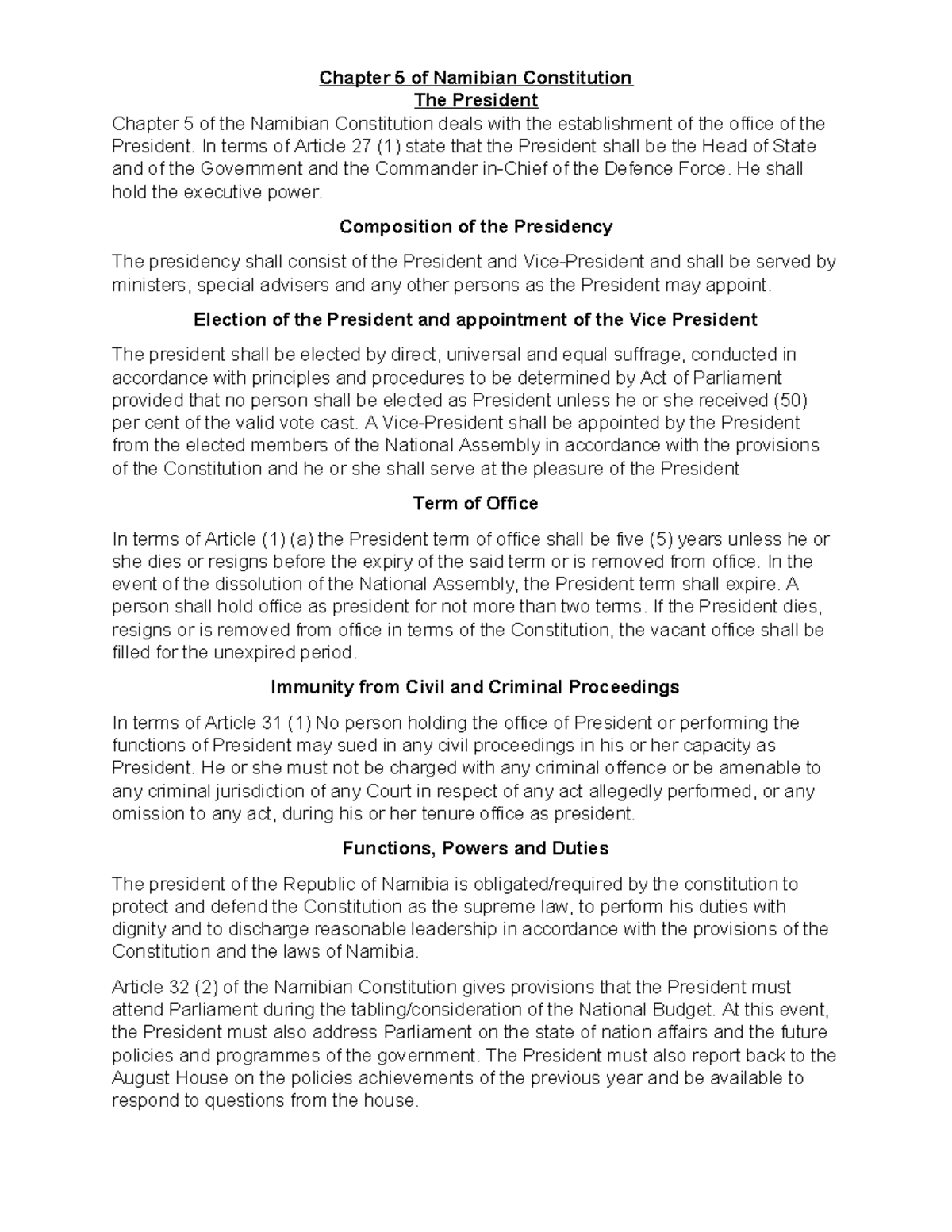 Chapter 5-6 Constitution - Chapter 5 of Namibian Constitution The ...
