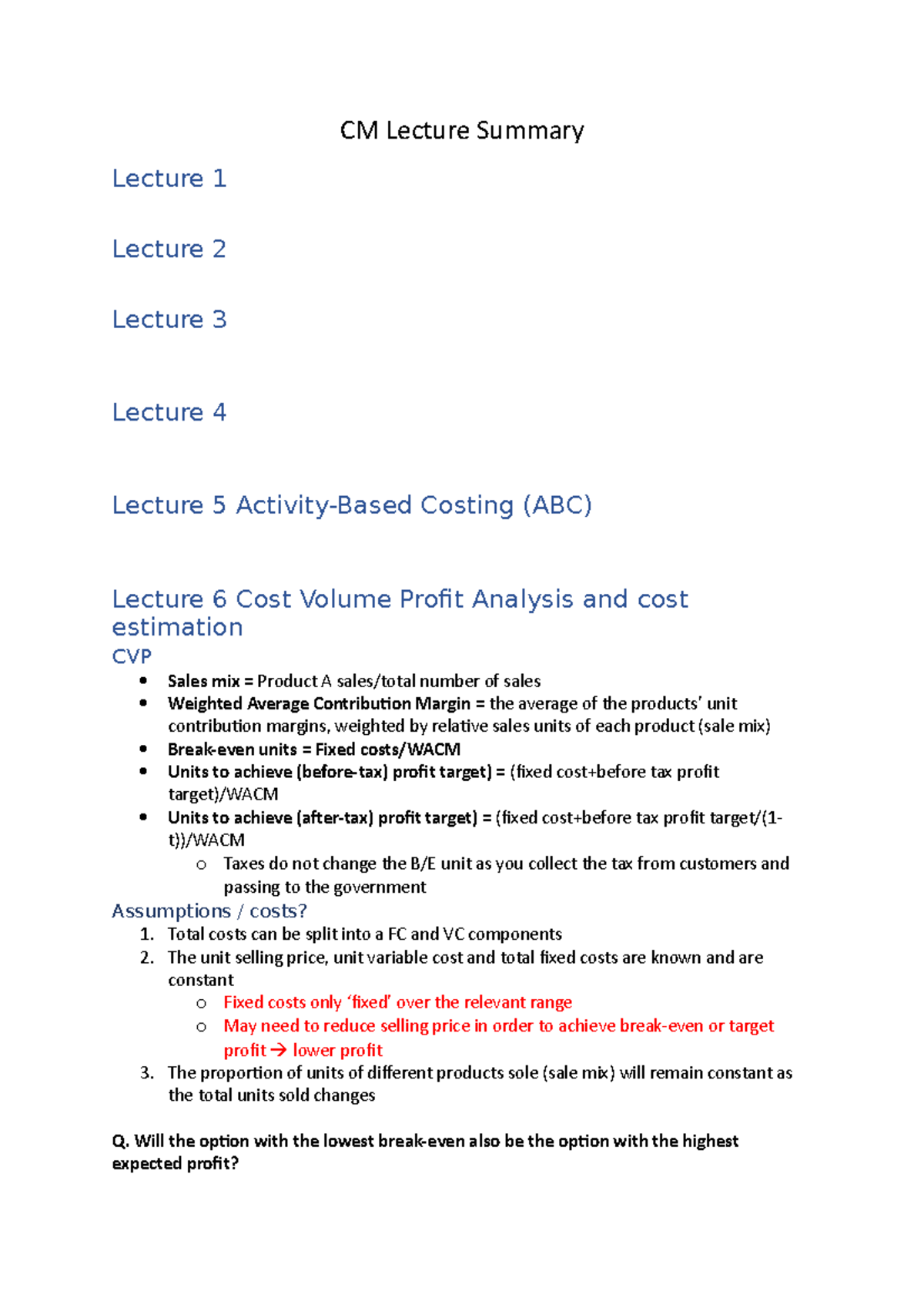CM Lecture Summary - CM Lecture Summary Lecture 1 Lecture 2 Lecture 3 ...