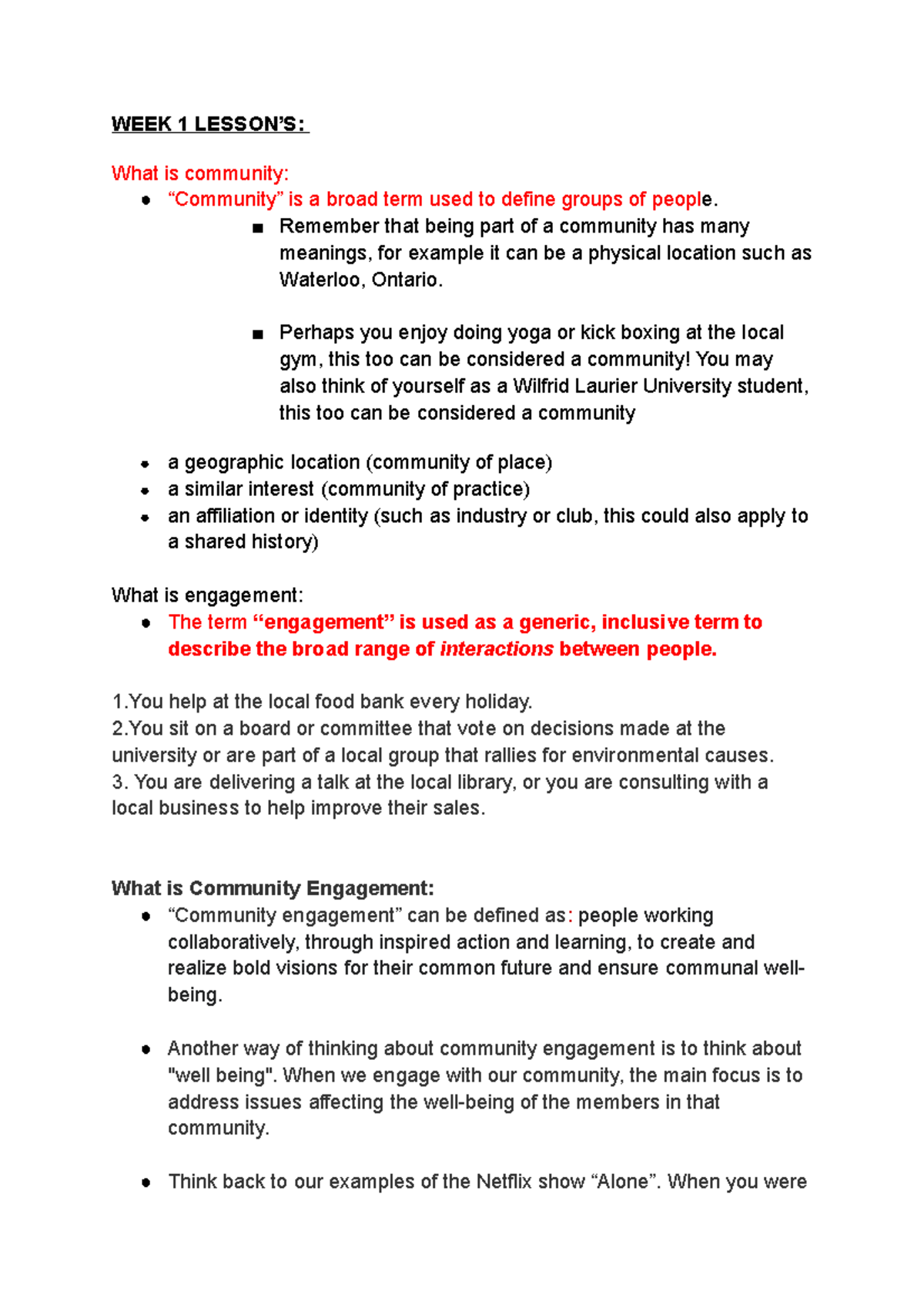 UU150 Week 1-5 - WEEK 1 LESSON’S: What is community: “Community” is a ...