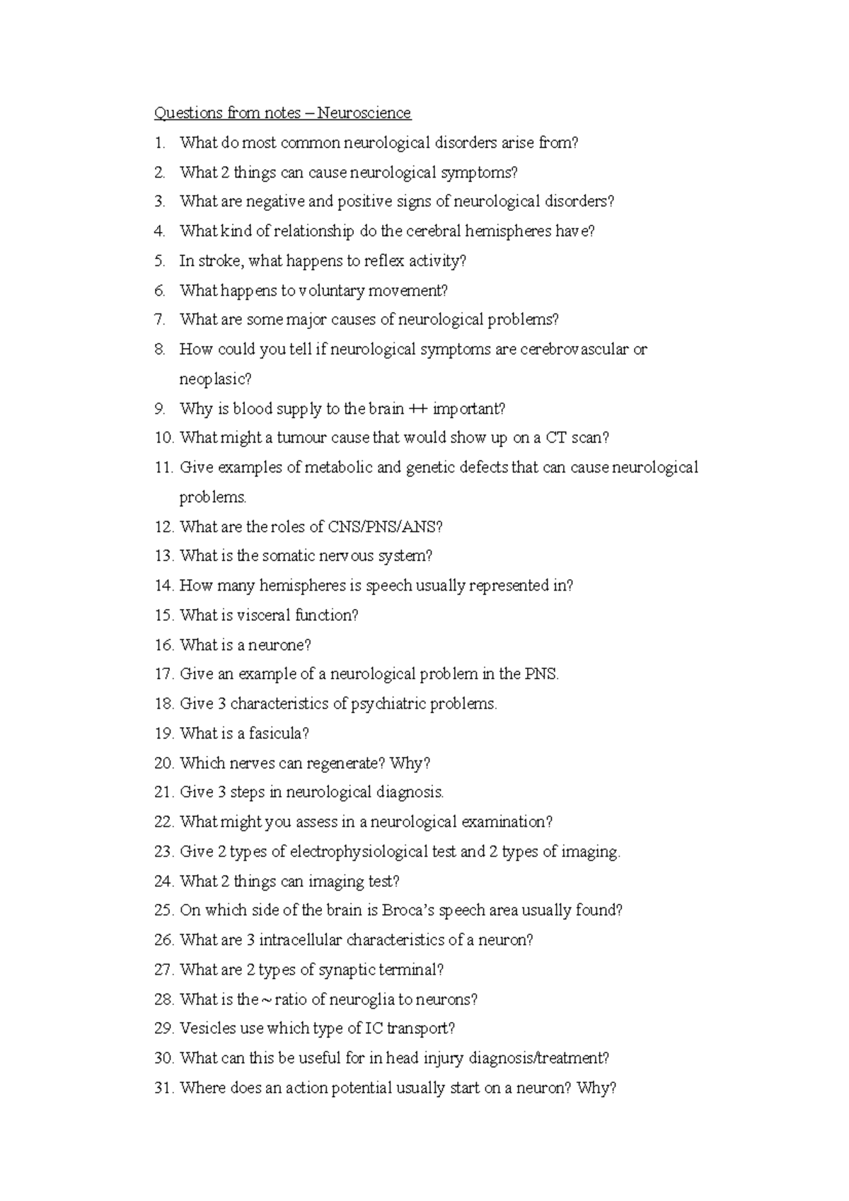 Questions from notes - neuro - Questions from notes – Neuroscience What ...