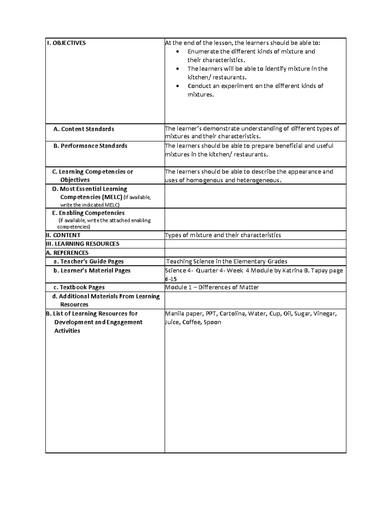 Science - DEMO - Lesson PLAN - Final - I. OBJECTIVES At the end of the ...