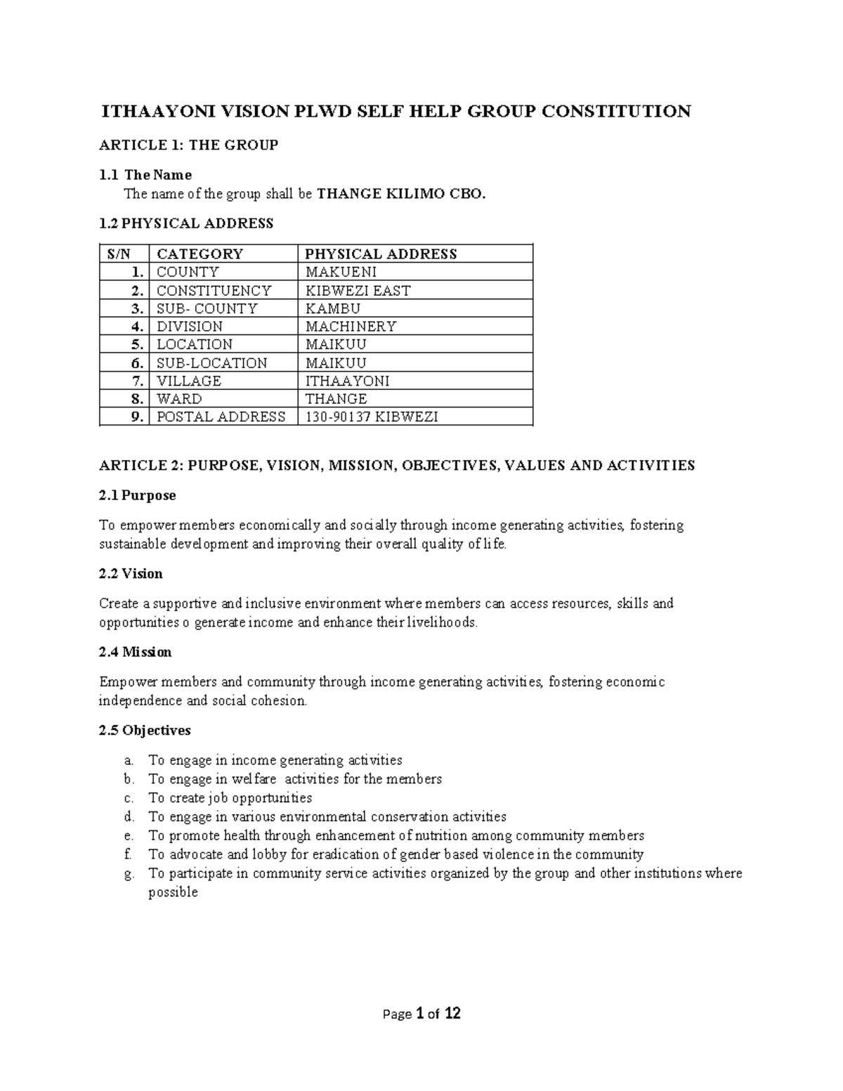 Ithaayoni Vision PLWD Selfhelp - ITHAAYONI VISION PLWD SELF HELP GROUP CONSTITUTION ARTICLE 1 ...