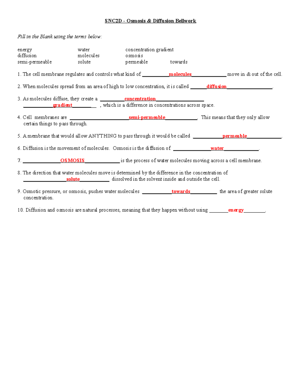 SNC2D - Diffusion and Osmosis Bellwork (with Answers) - SNC2D - Osmosis ...