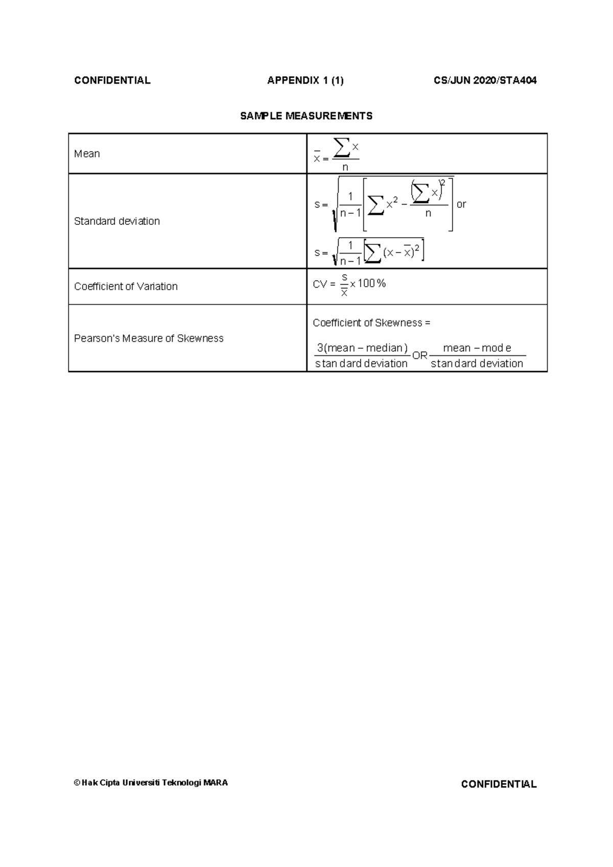 4. Appendix ( Formula) - SAMPLE MEASUREMENTS Mean n x x Standard ...