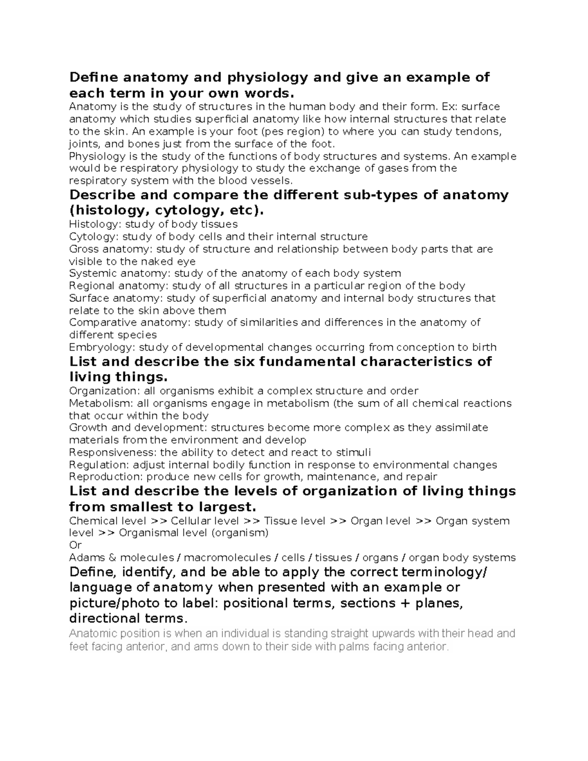 Anatomy and Physiology ch 1-3 notes - Define anatomy and physiology and ...