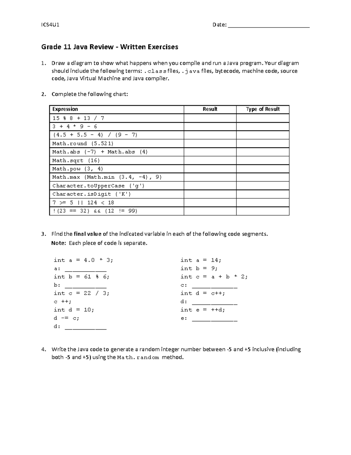 Review Exercise (Written) - Grade 11 Java Review - Written Exercises 1 ...