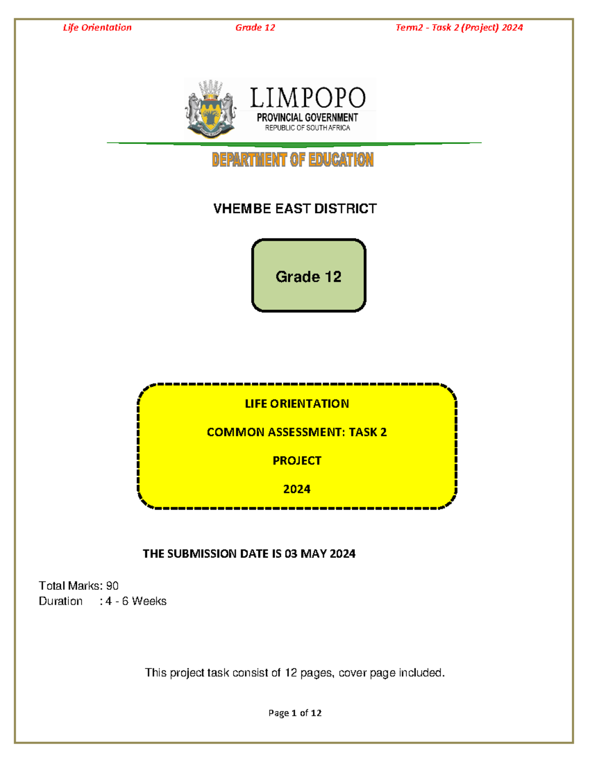 LIFE Orientation Project 2 Grade 12 GR. 12 Project 2024 - VHEMBE EAST ...