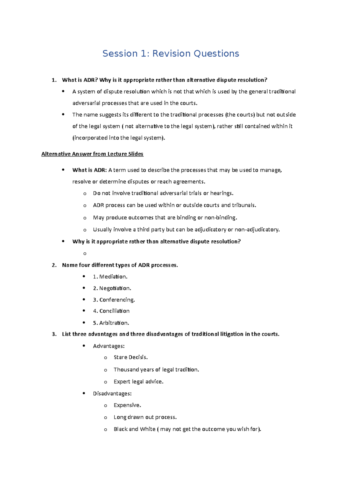 ADR Revision Questions session 1 - Session 1: Revision Questions What ...