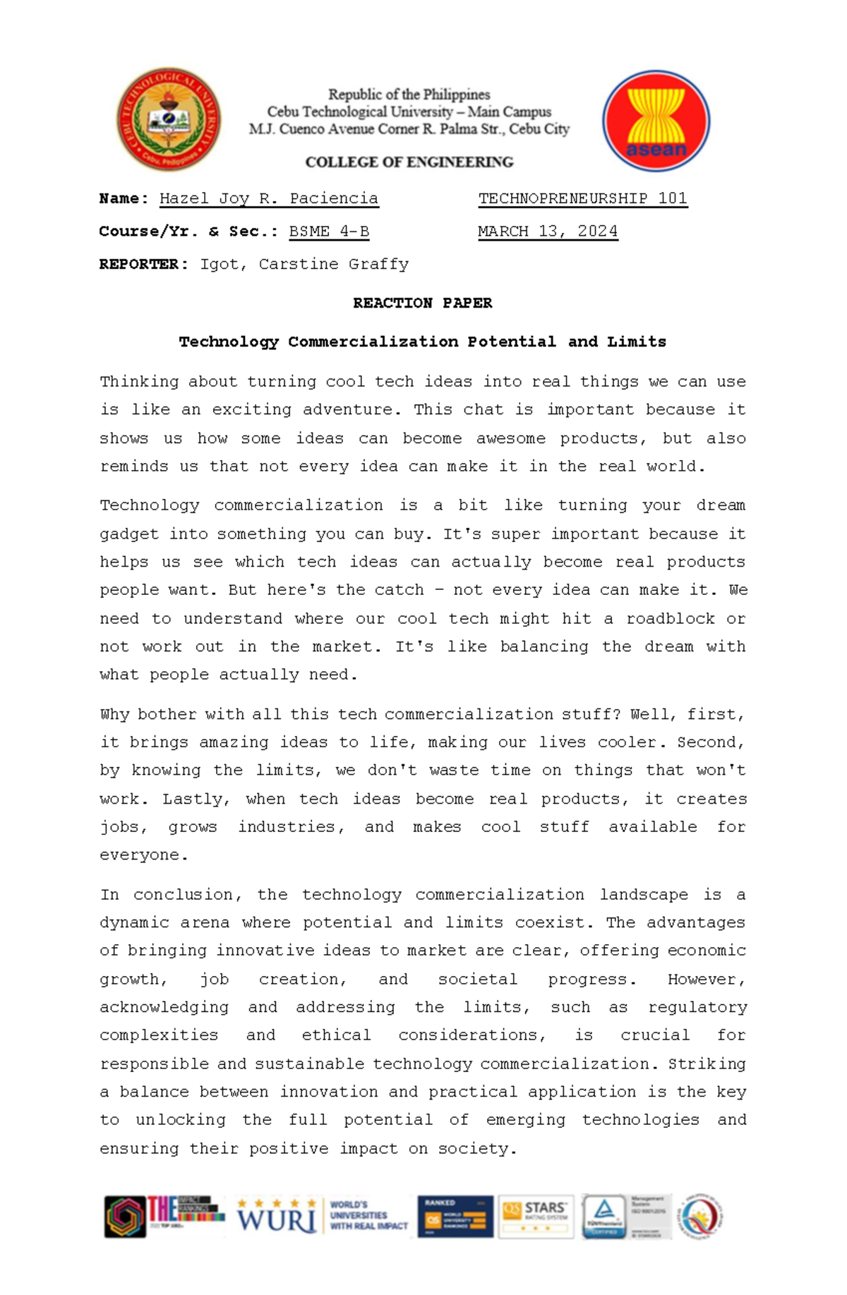 Reaction- Paper- Paciencia-BSME-4-B - Course/Yr. & Sec.: BSME 4-B MARCH ...