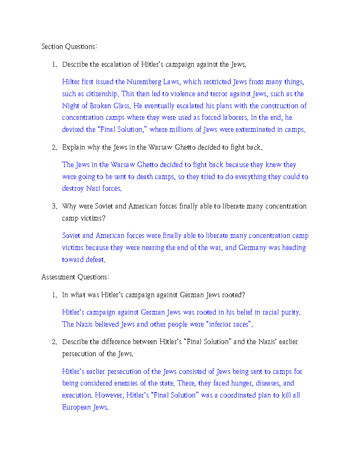 Holocaust reading - Section Questions: Describe the escalation of ...