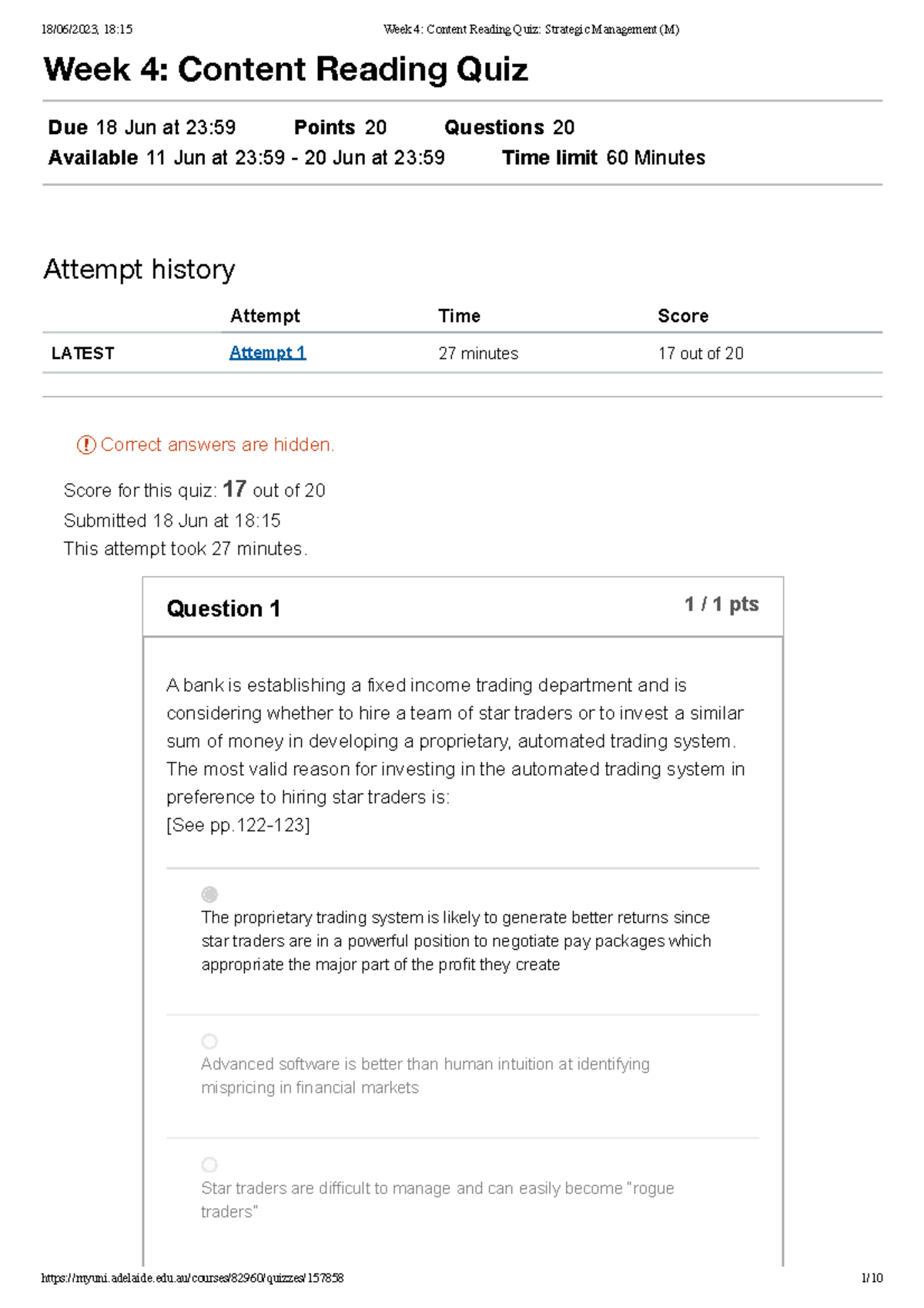 Nayana 1Week 4 Content Reading Quiz Strategic Management (M) - Week 4 ...