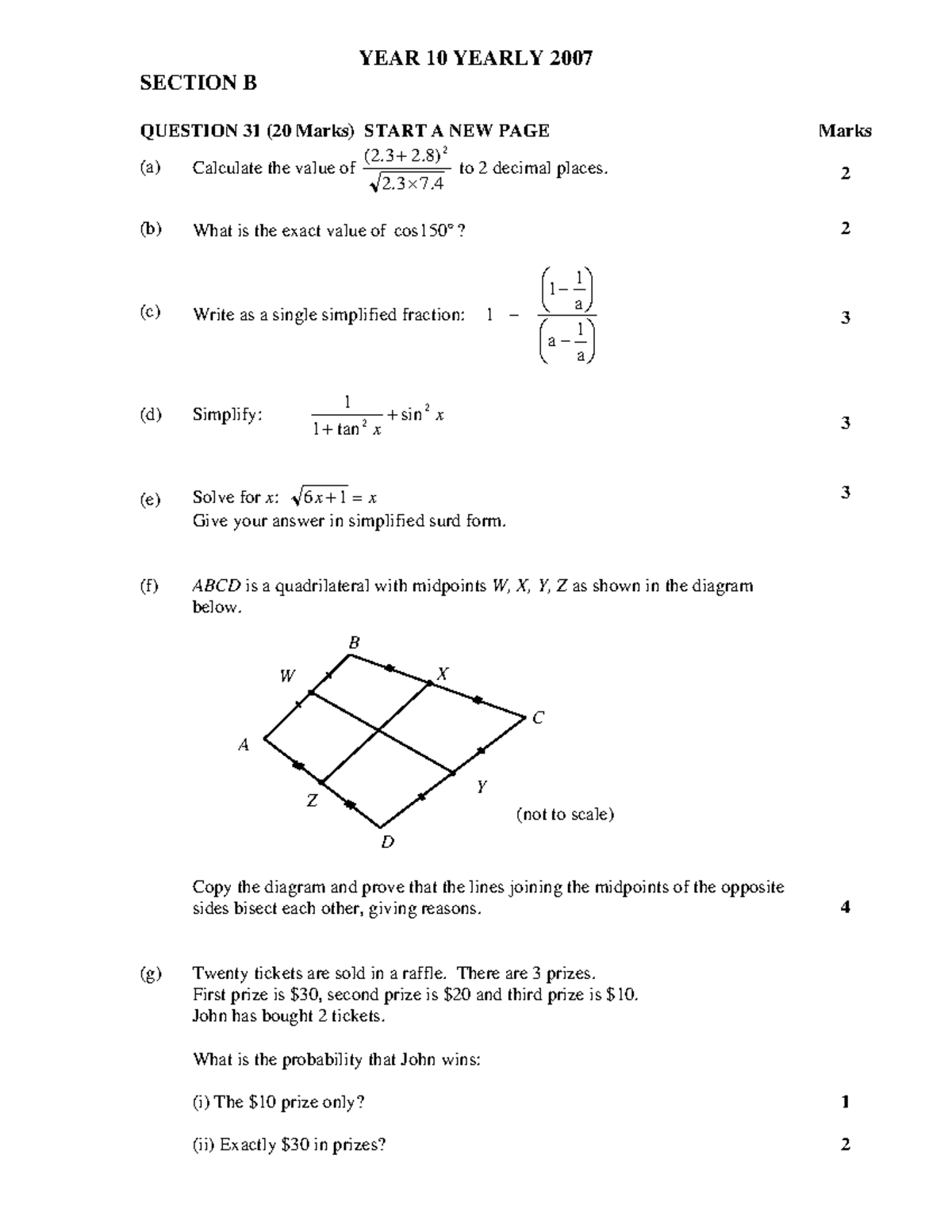 2007 Maths 2 - YEAR 10 YEARLY 2007 SECTION B QUESTION 31 (20 Marks ...