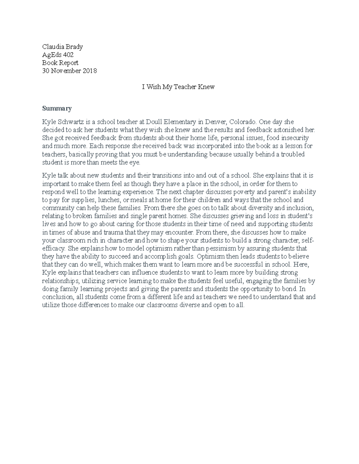 Book Report - Dr. Lambert - Claudia Brady AgEds 402 Book Report 30 ...