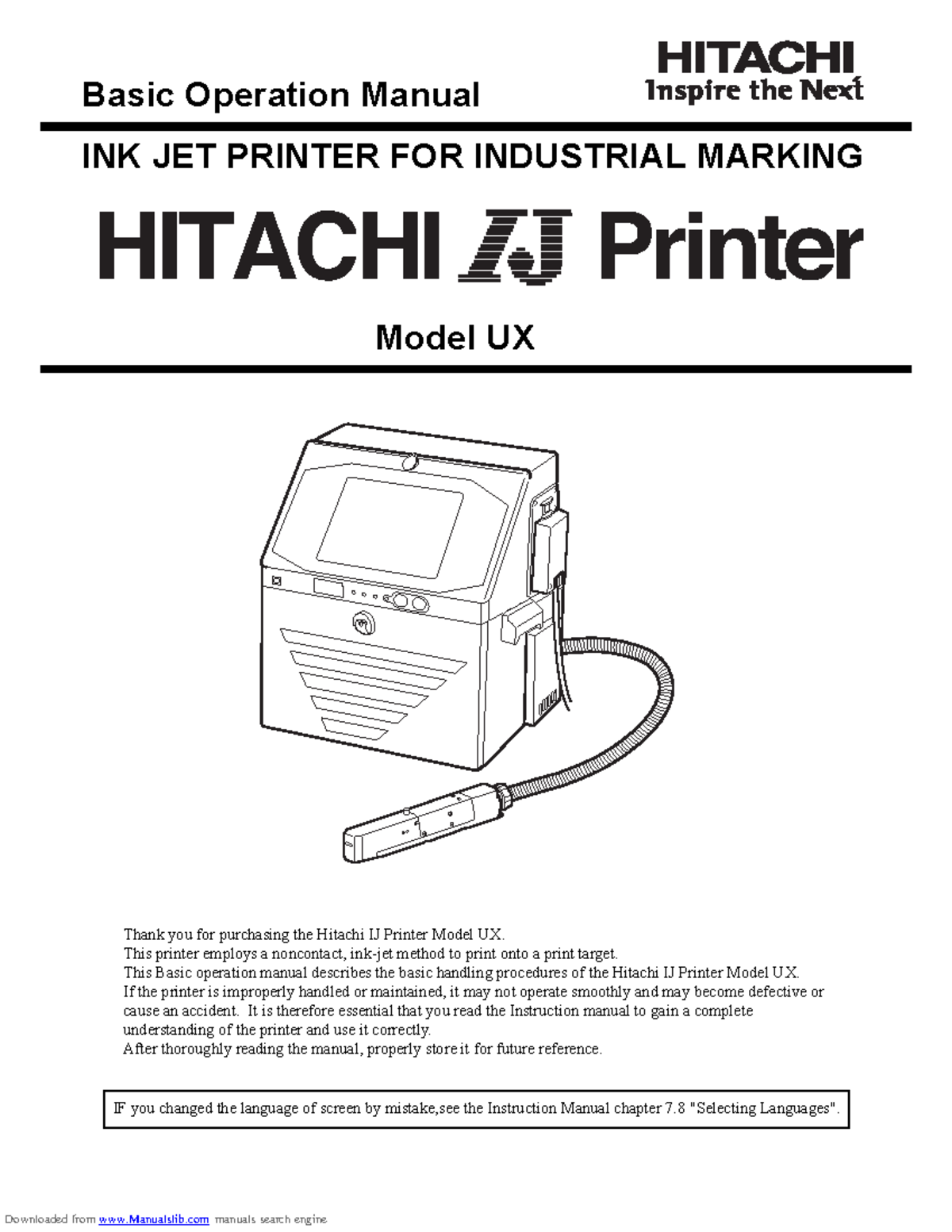 Hitachi UX - HITACHI Printer Basic Operation Manual INK JET PRINTER FOR INDUSTRIAL MARKING Model ...