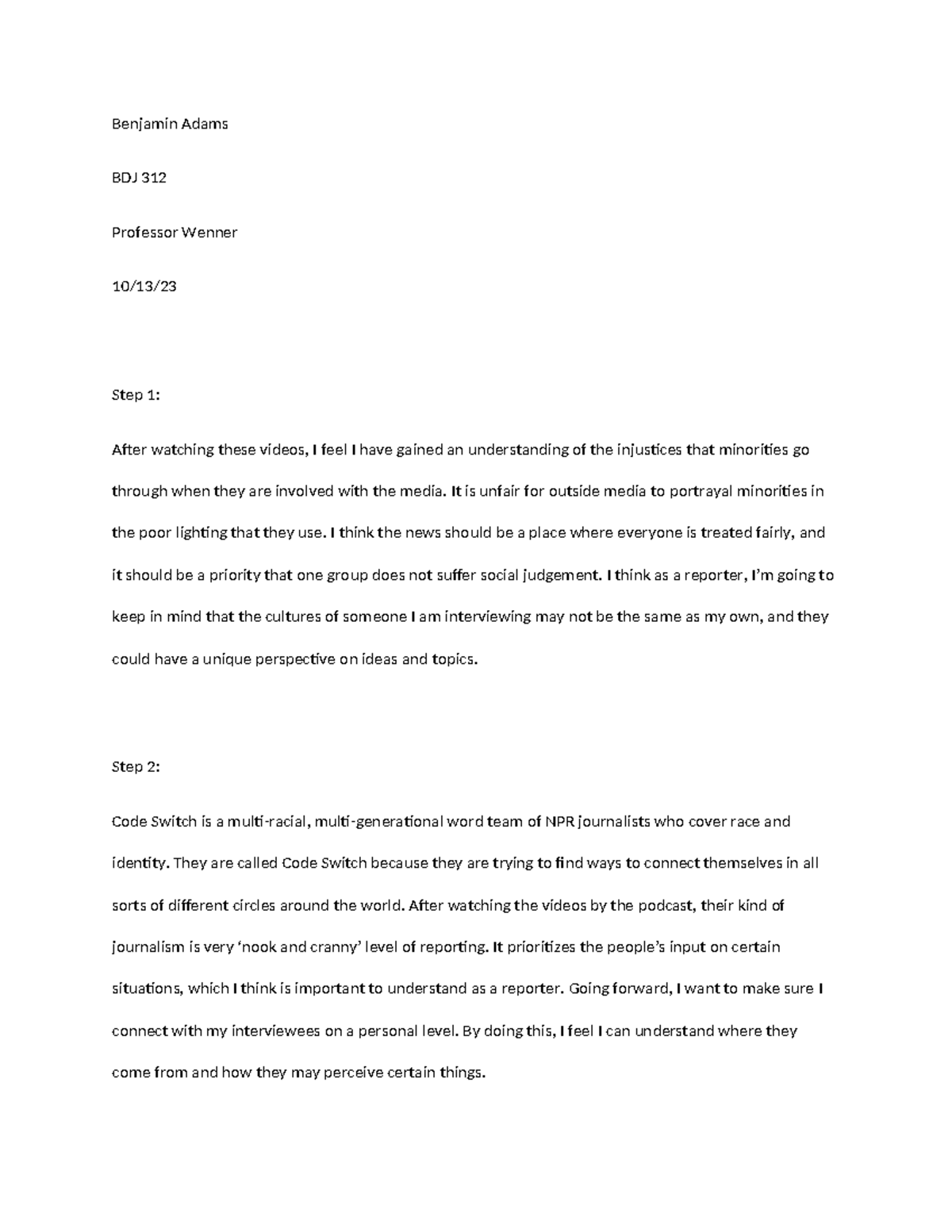 Diversity Assignment - nmnmmn - Benjamin Adams BDJ 312 Professor Wenner ...