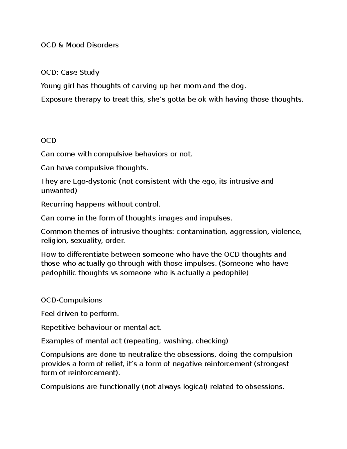 O C D Psych Lecture notes - OCD & Mood Disorders OCD: Case Study Young ...