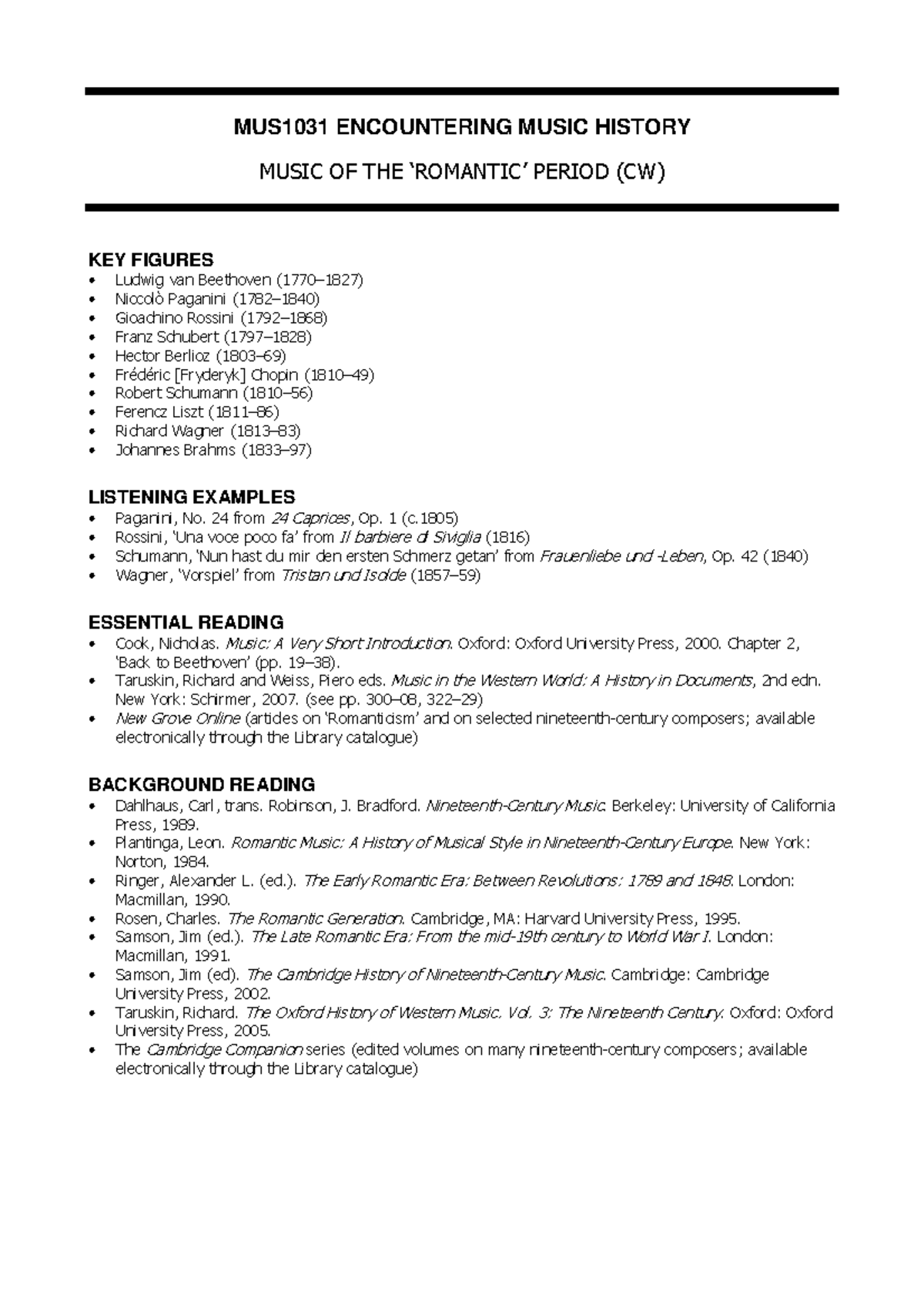 Lecture handout - Music of the 'Romantic' Period - MUS1031 ENCOUNTERING ...