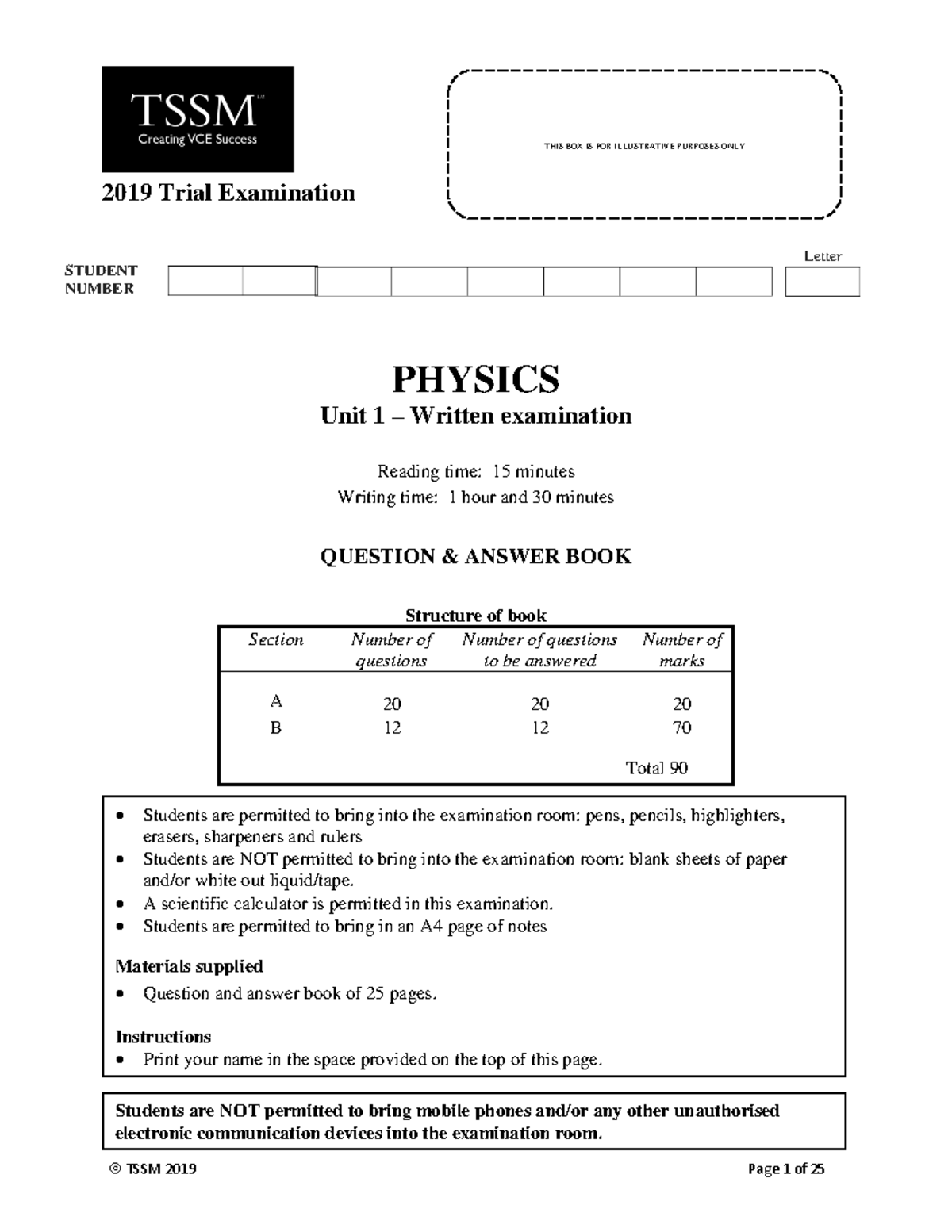 Physics 2019 Unit 1 Trial Exam - 2019 Trial Examination Letter STUDENT NUMBER ####### THIS BOX ...