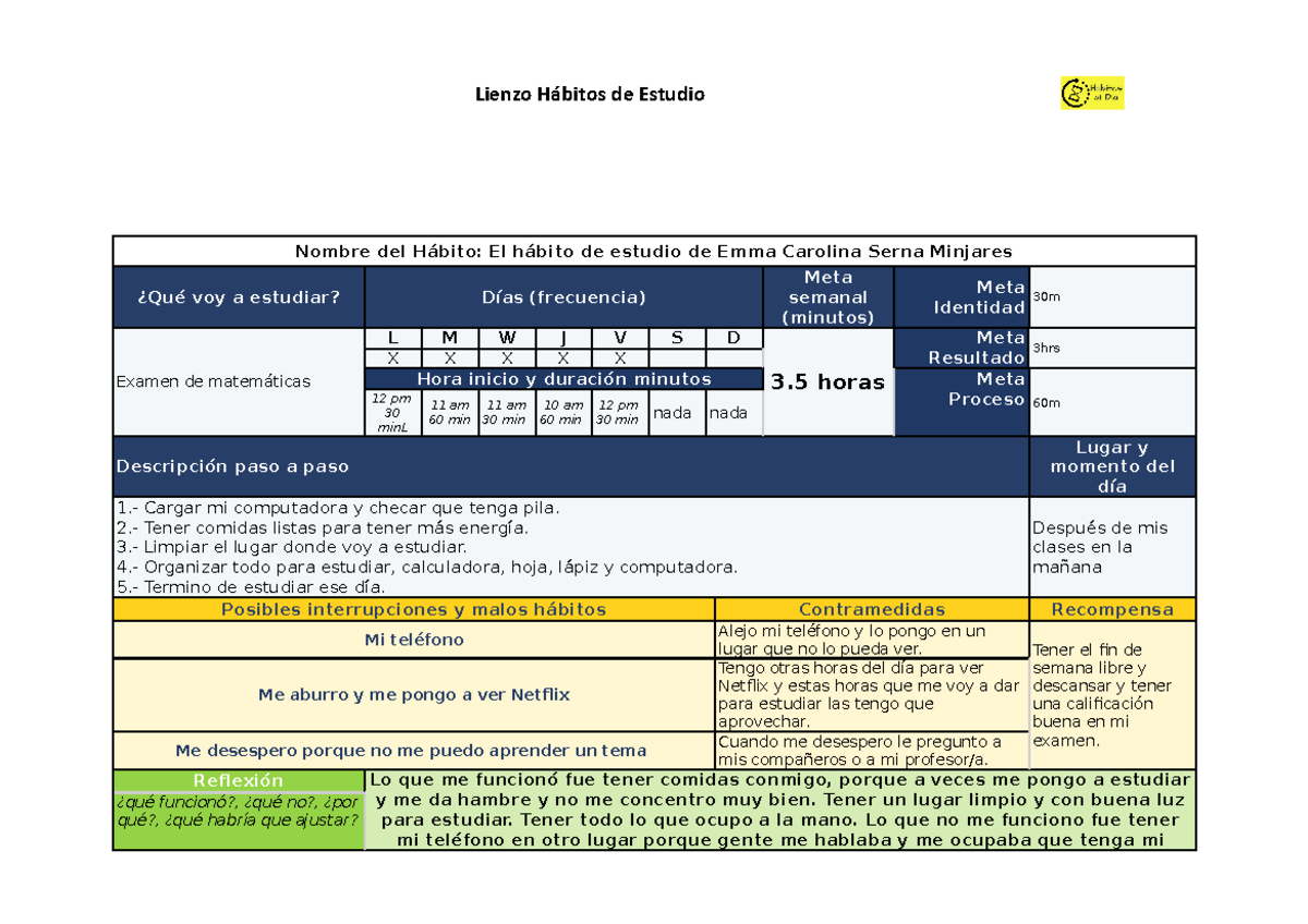 Lienzo H bito de Estudio ADL - Definici n - Lienzo Hábitos de Estudio Nombre del Hábito: El ...