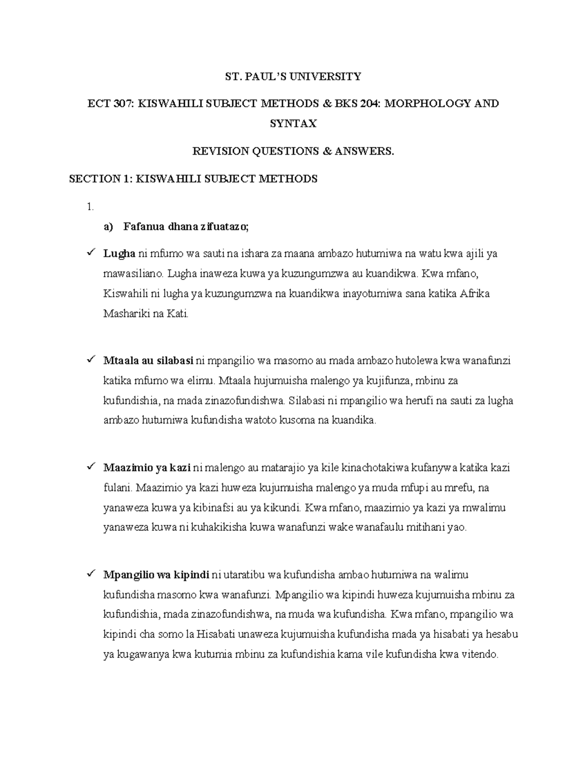 Methods OF Kiswahili & Morphology AND Syntax - ST. PAUL’S UNIVERSITY ...