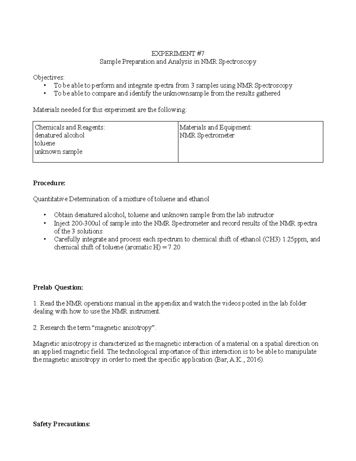5 Experiment 7 NMR AI Prelab - EXPERIMENT Sample Preparation and Analysis in NMR Spectroscopy ...
